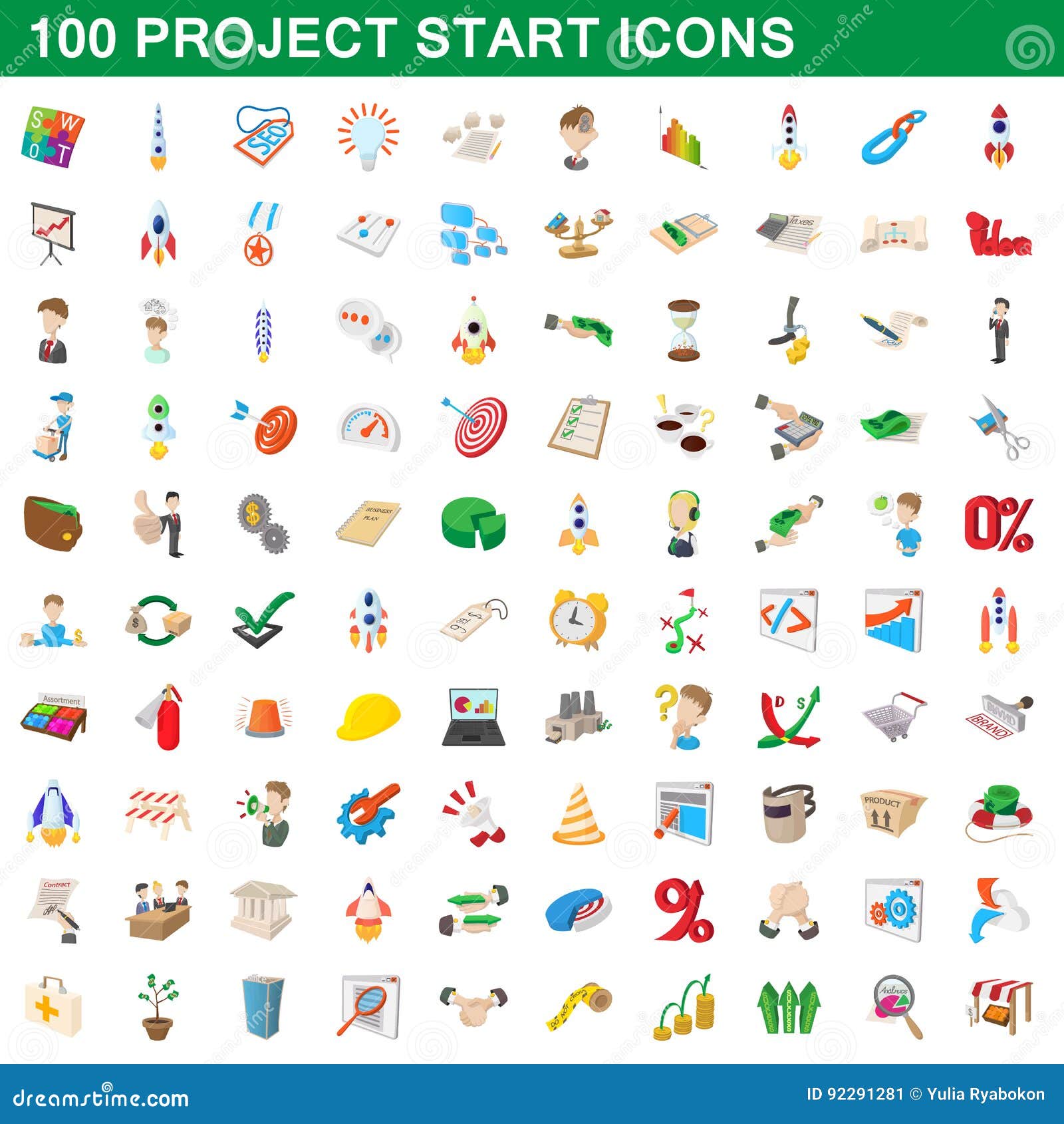 100 Project Start Icons Set, Cartoon Style Stock Vector - Illustration ...