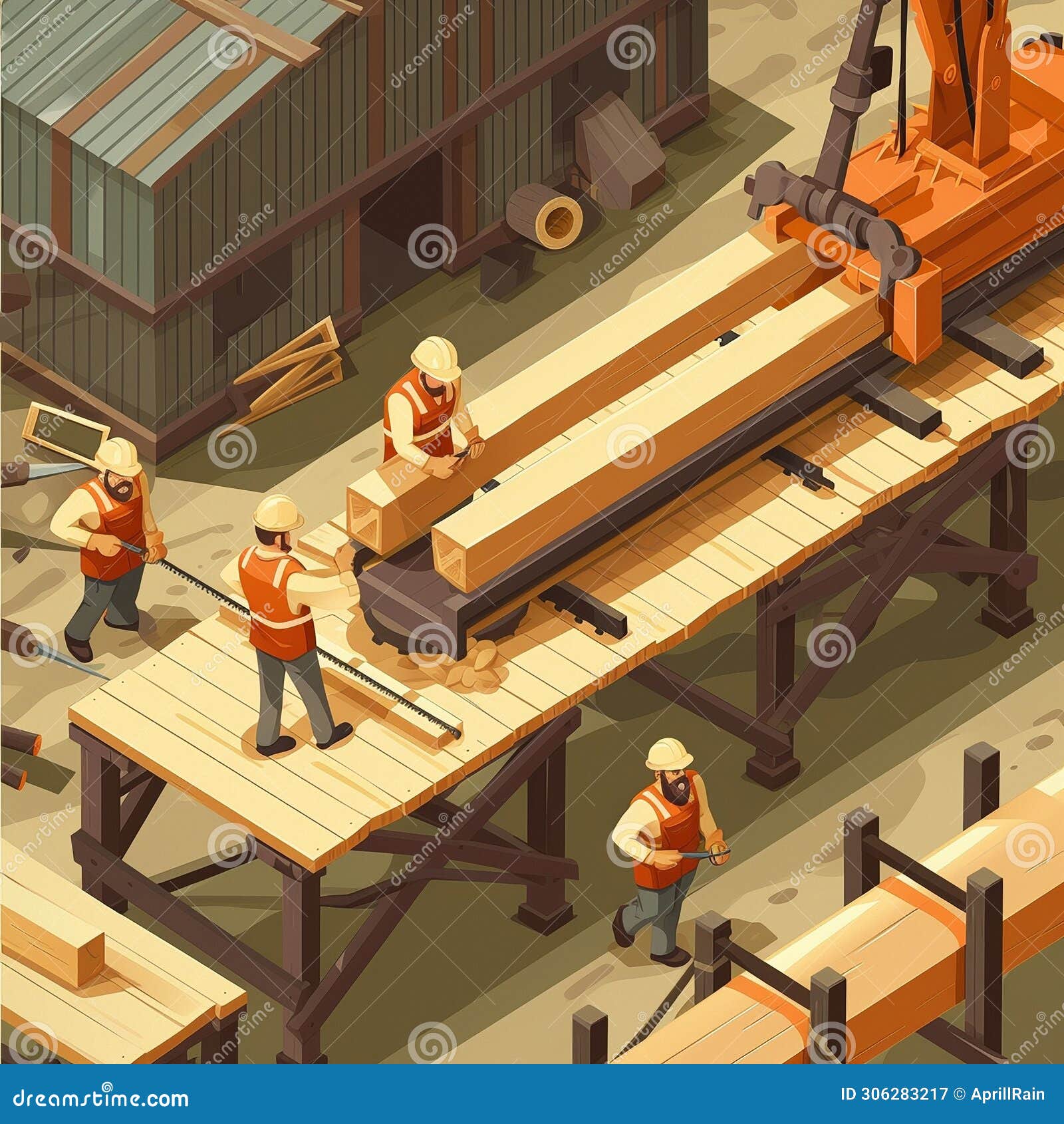 Project Teamwork At Sawmills. Isometric Illustration Royalty-Free ...