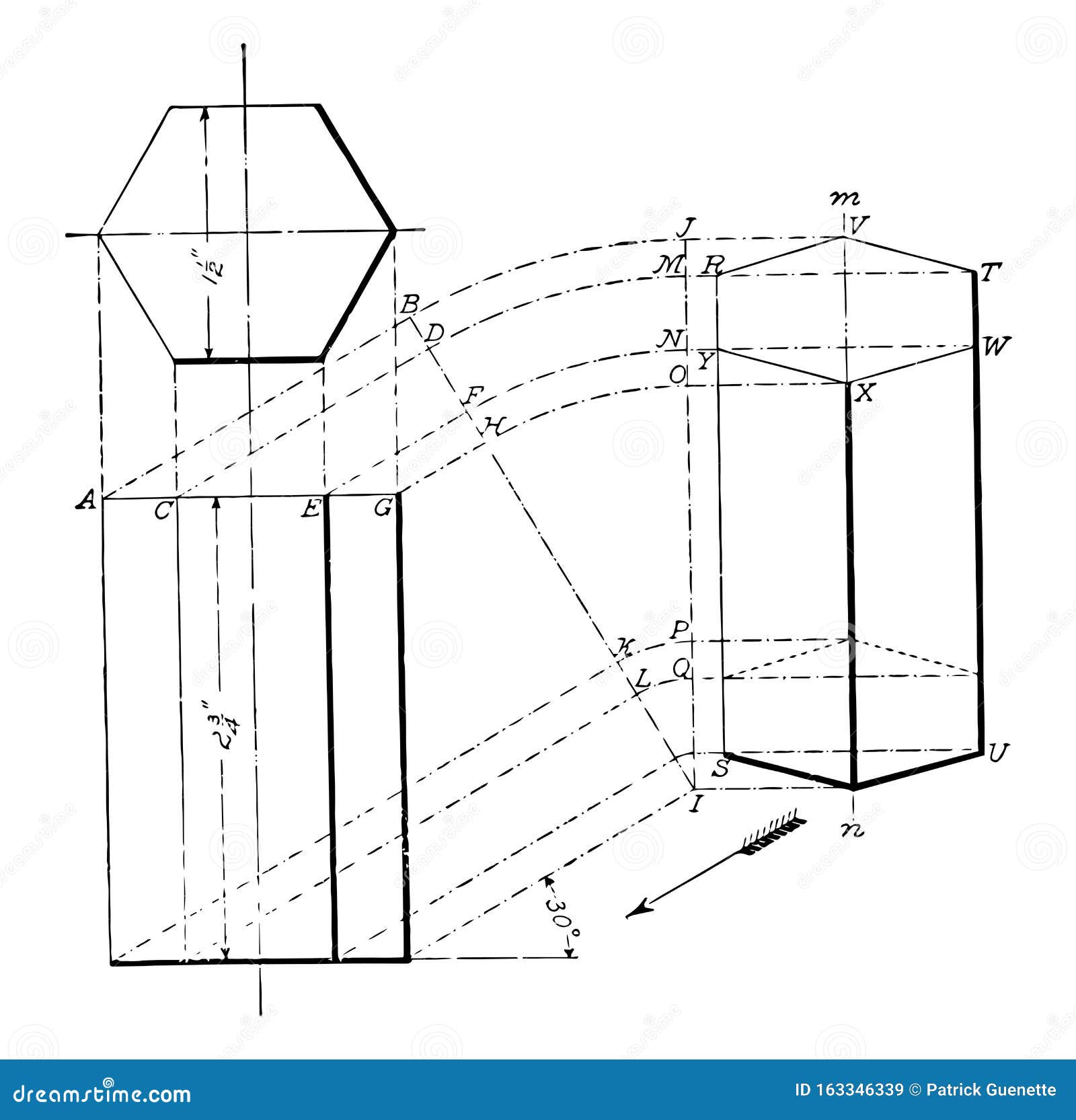 Projection of Hexagonal Prism Vintage Illustration Stock Vector ...