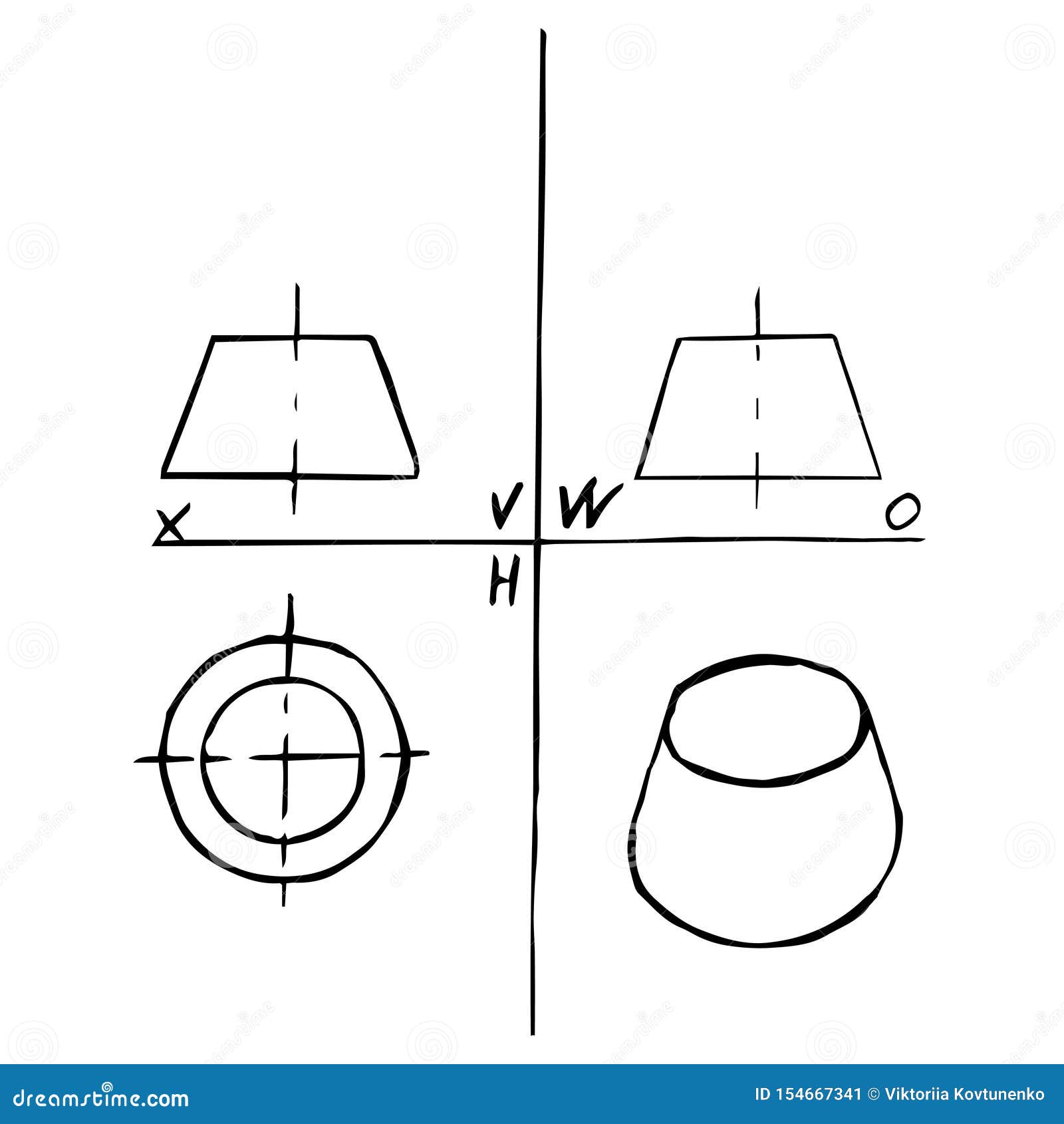 Projection of Frustum Cone. Hand Drawing. Black Outline on White ...