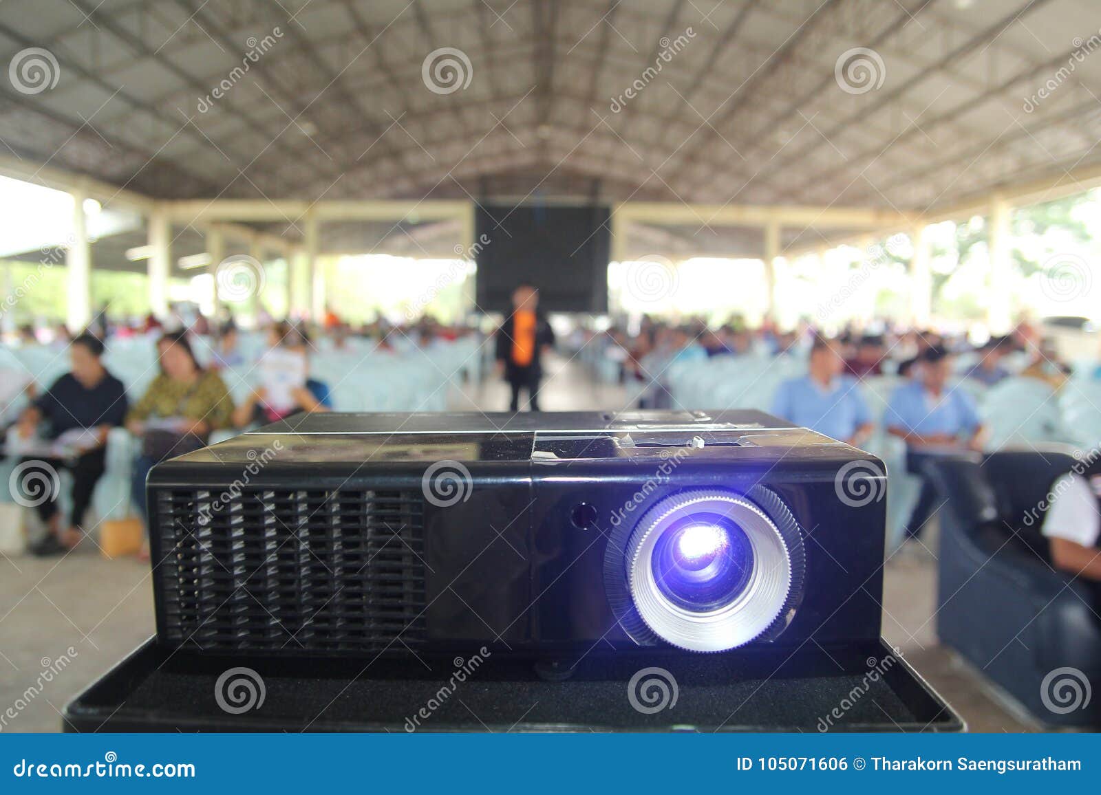 The Projector is Placed on a Table Covered with a White Cloth Pl Stock ...