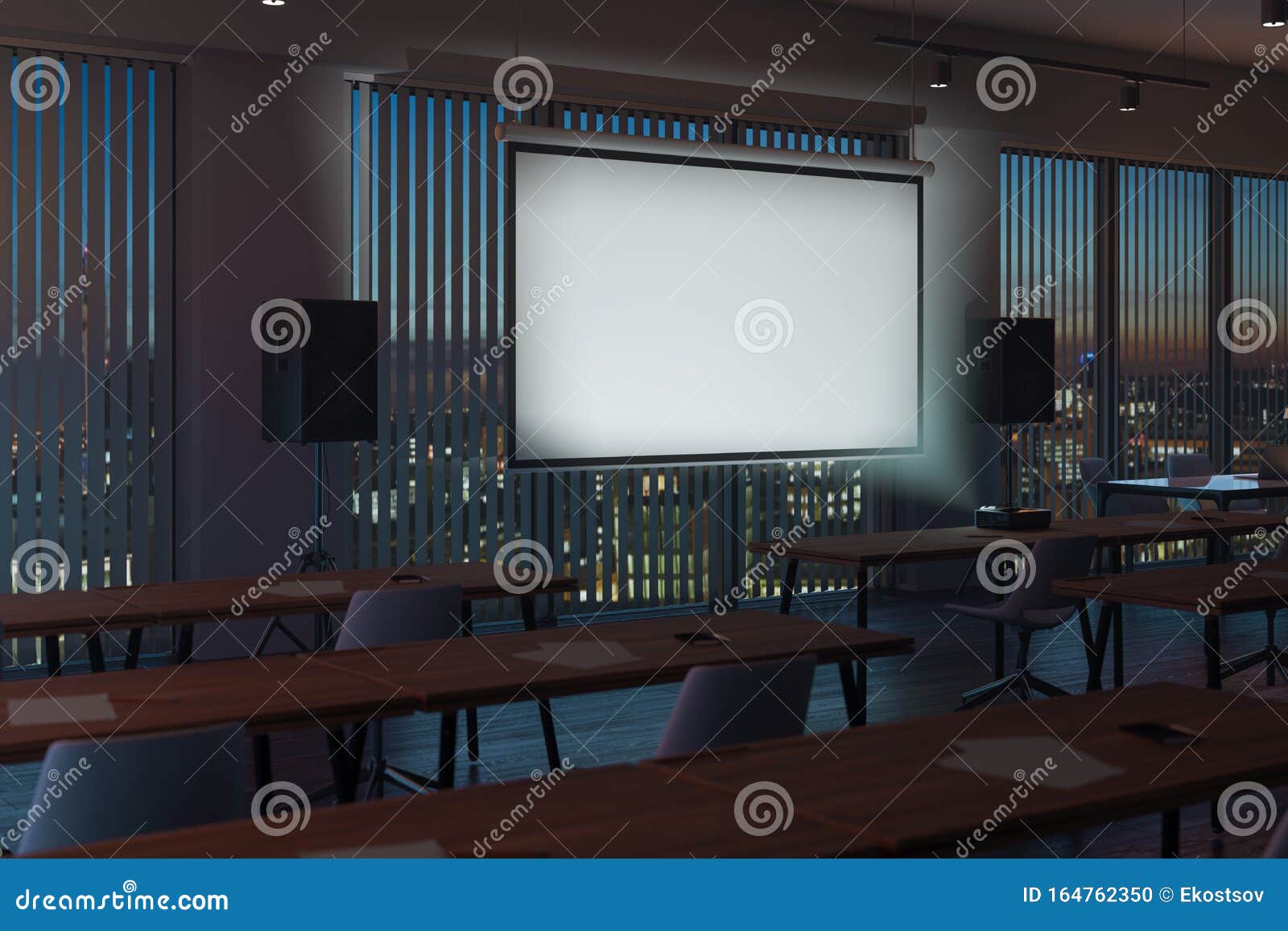Projector Screen Canvas in Modern Conference Room with Big Windows and ...
