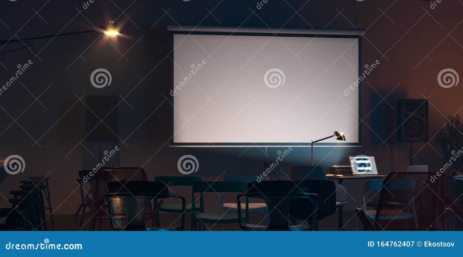 Projector Screen Canvas in Modern Cozy Cafe. 3d Rendering. Front View ...