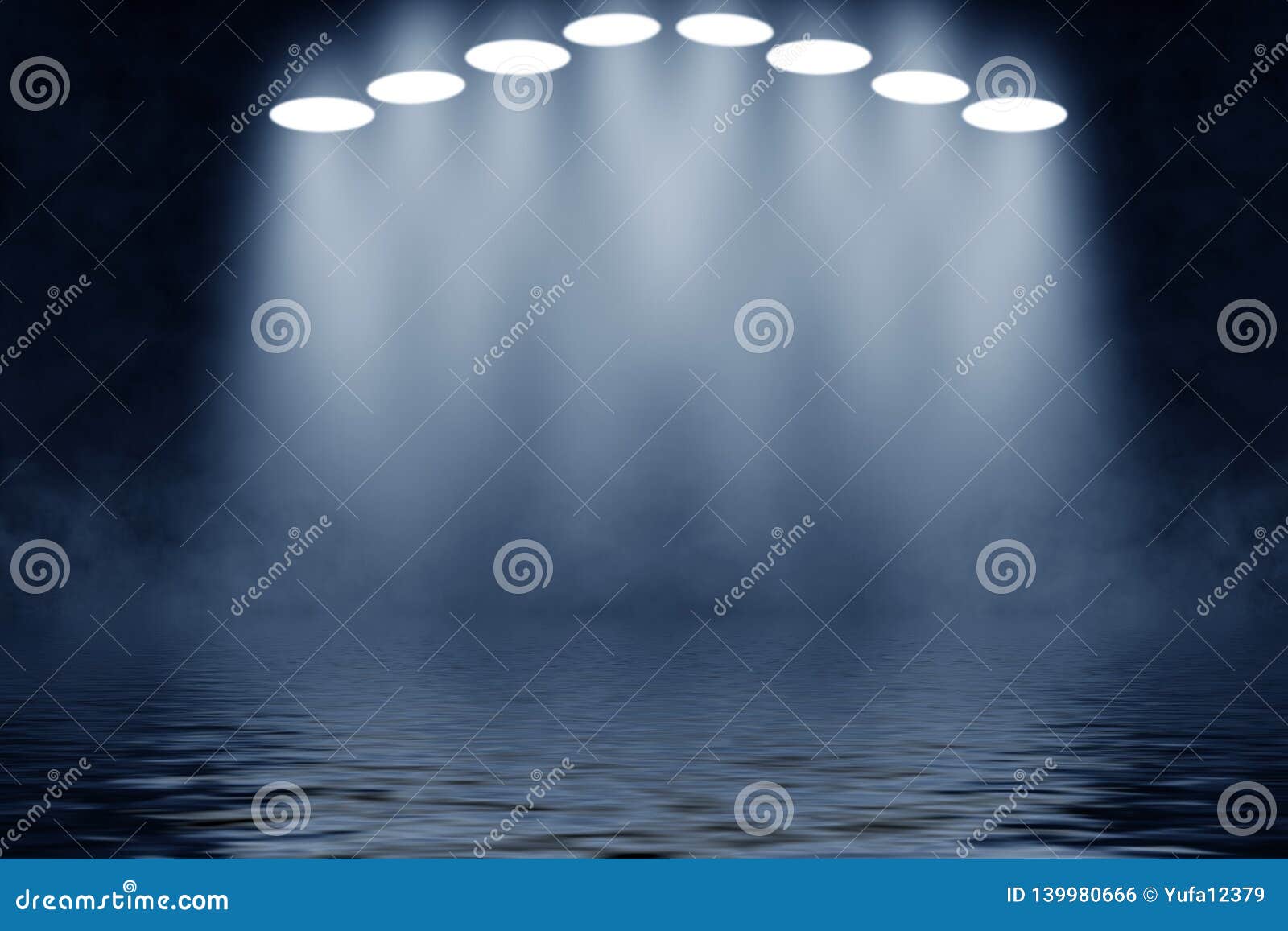 Projector Spotlight with Reflection in Water. Isolated on Black ...