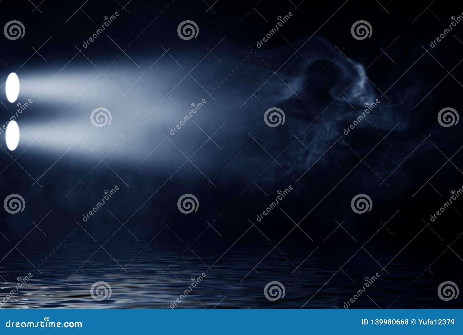 Projector Spotlight with Reflection in Water. Isolated on Black ...