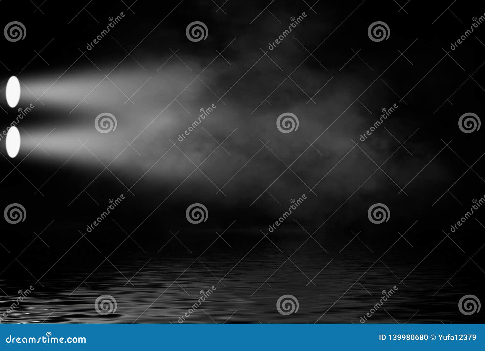 Projector Spotlight with Reflection in Water. Isolated on Black ...