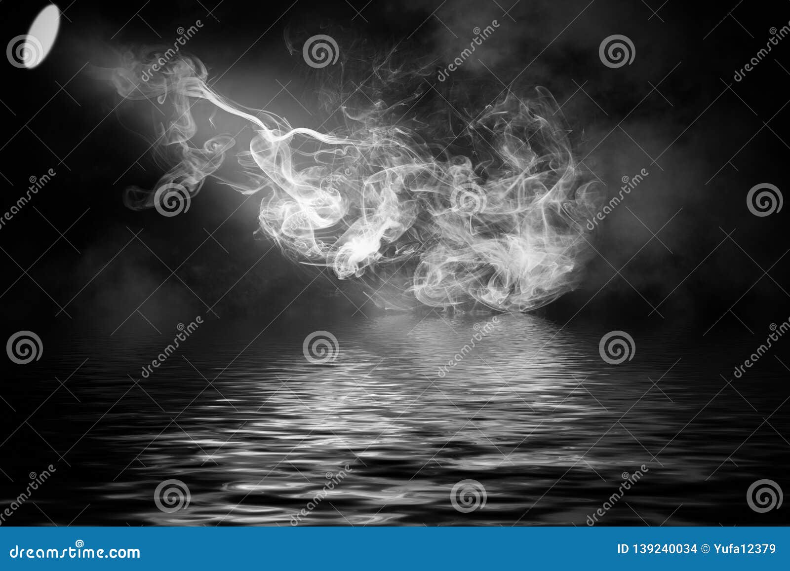 Projector Spotlight with Reflection in Water. Isolated on Black ...