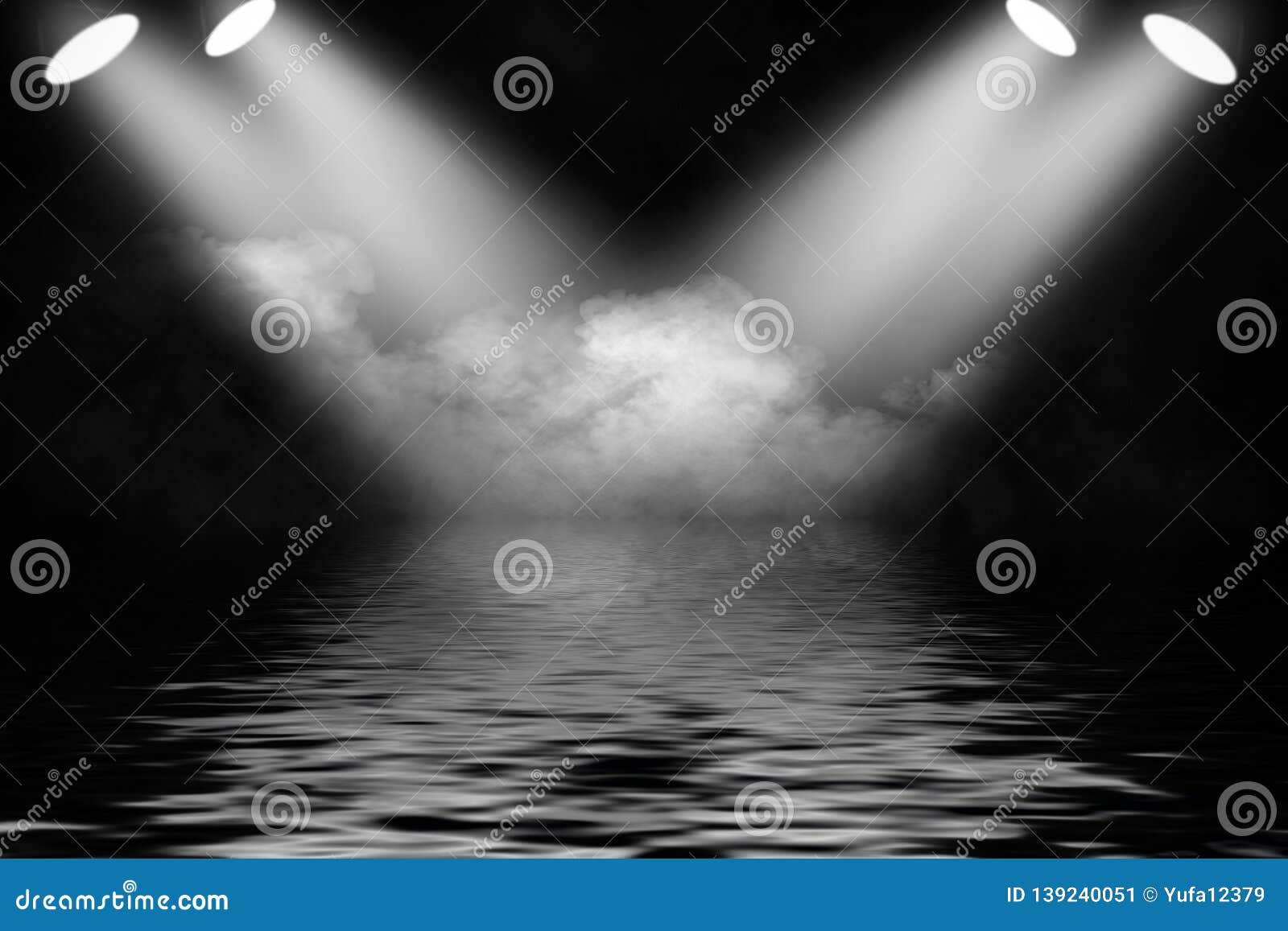 Projector Spotlight with Reflection in Water. Isolated on Black ...