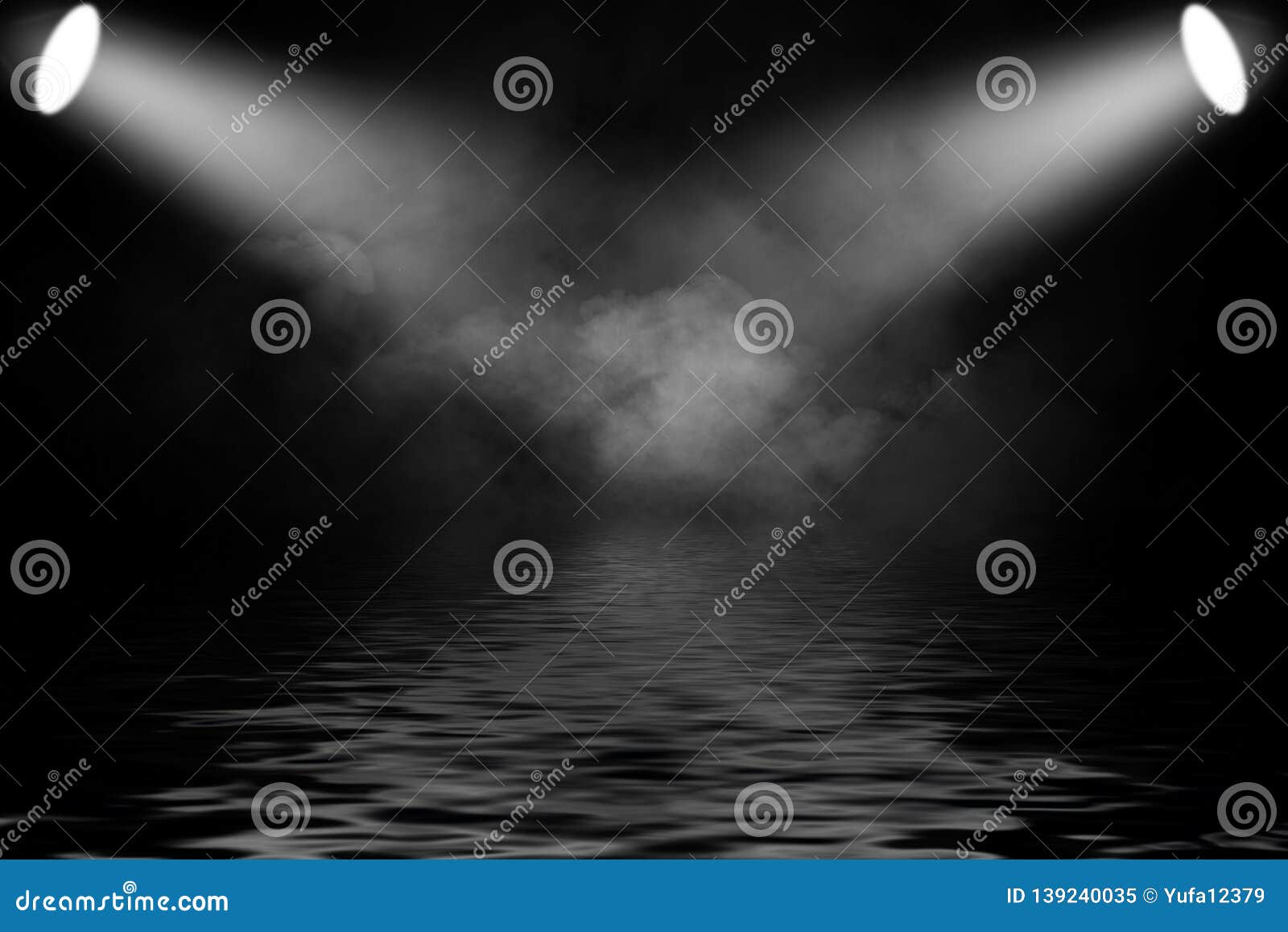 Projector Spotlight with Reflection in Water. Isolated on Black ...