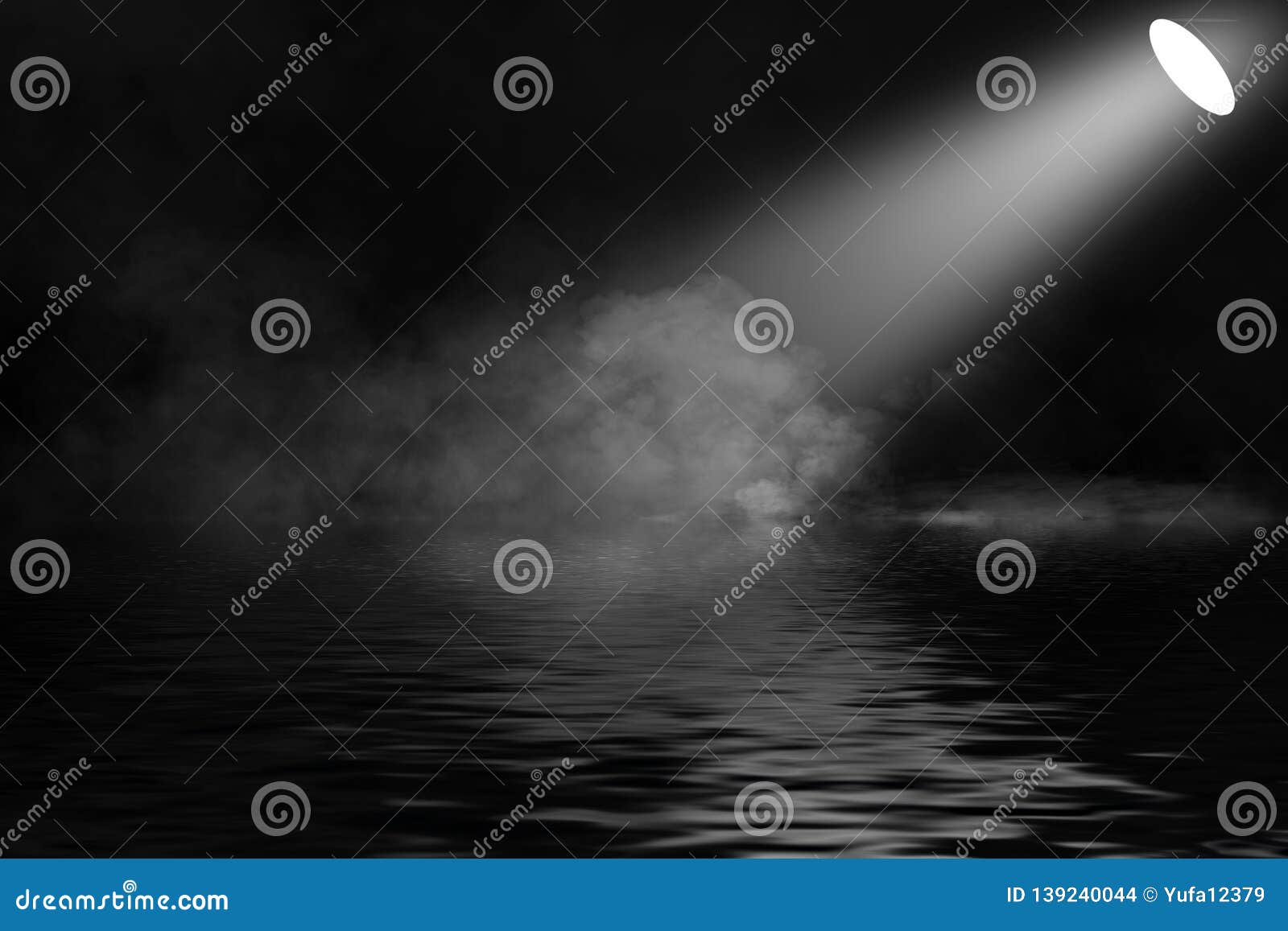 Projector Spotlight with Reflection in Water. Isolated on Black ...