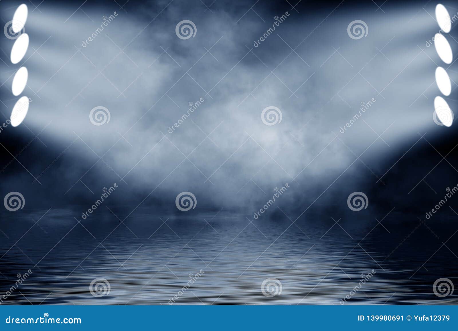 Projector Spotlight with Reflection in Water. Isolated on Black ...