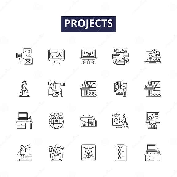 Projects Line Vector Icons and Signs. Implement, Create, Manage ...