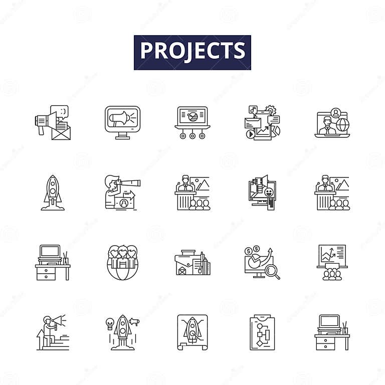 Projects Line Vector Icons and Signs. Implement, Create, Manage, Execute, Design, Developing ...