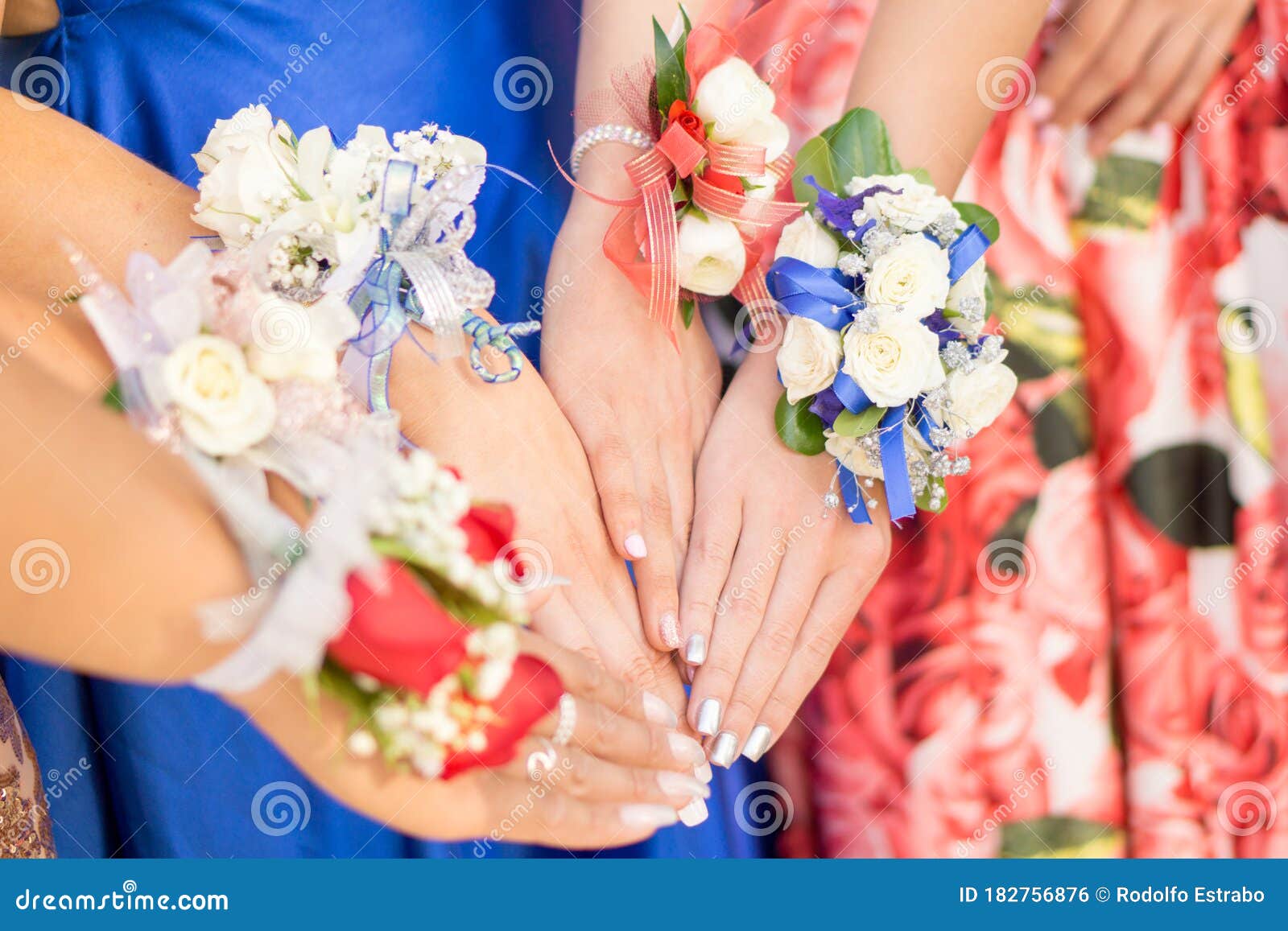 Prom bouquet hands in stock photo. Image of friends - 182756876