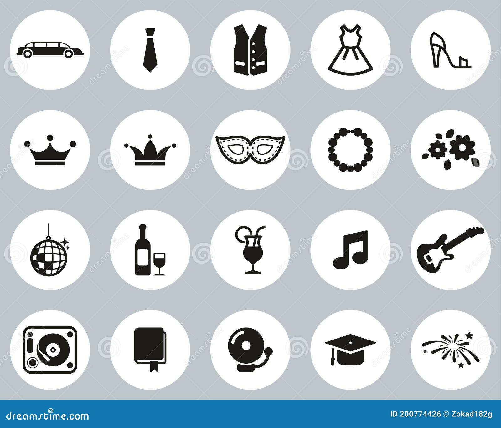 Prom Night Icons Black & White Flat Design Circle Set Big Stock Vector ...