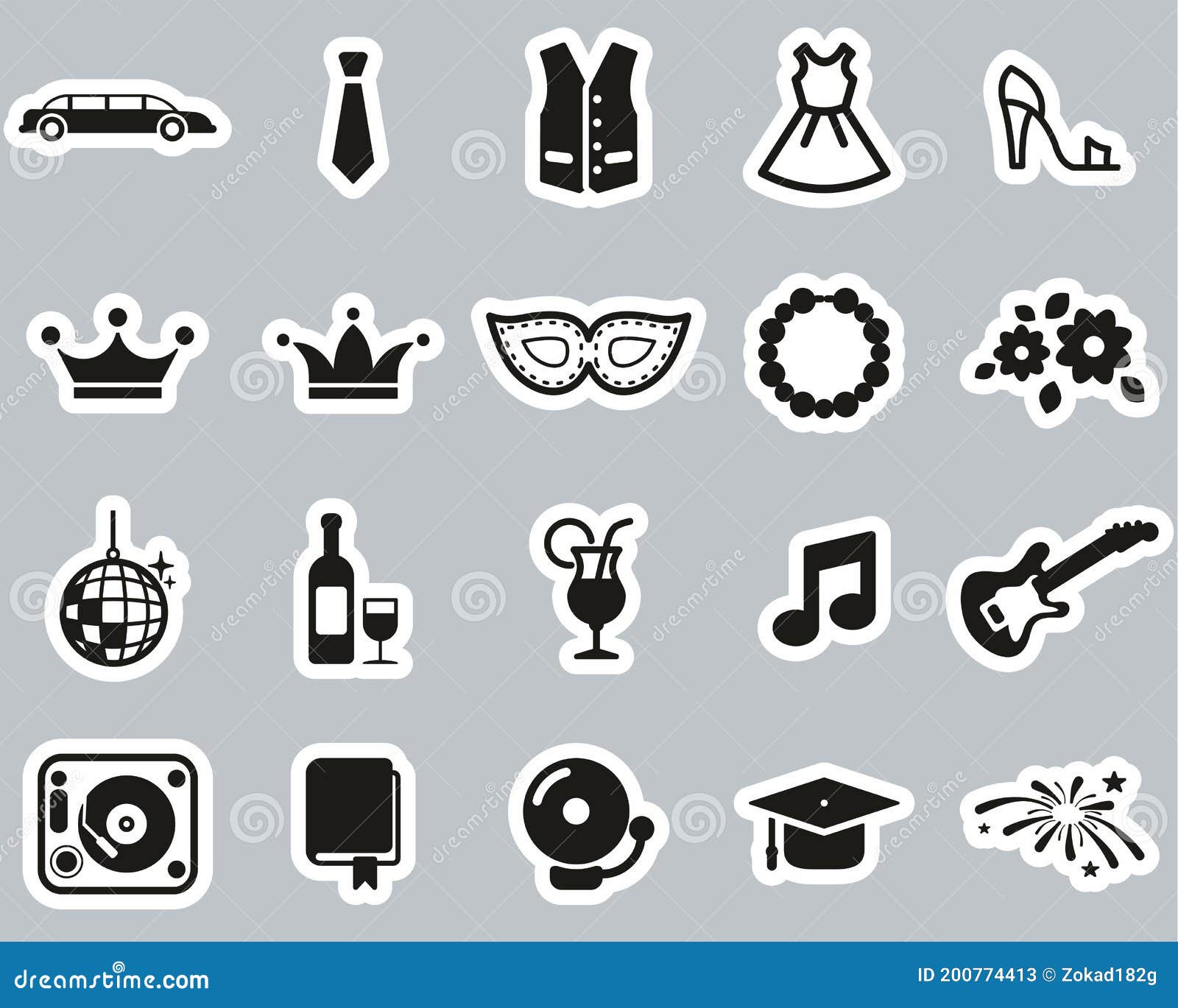 Prom Night Icons Black & White Sticker Set Big Stock Vector ...