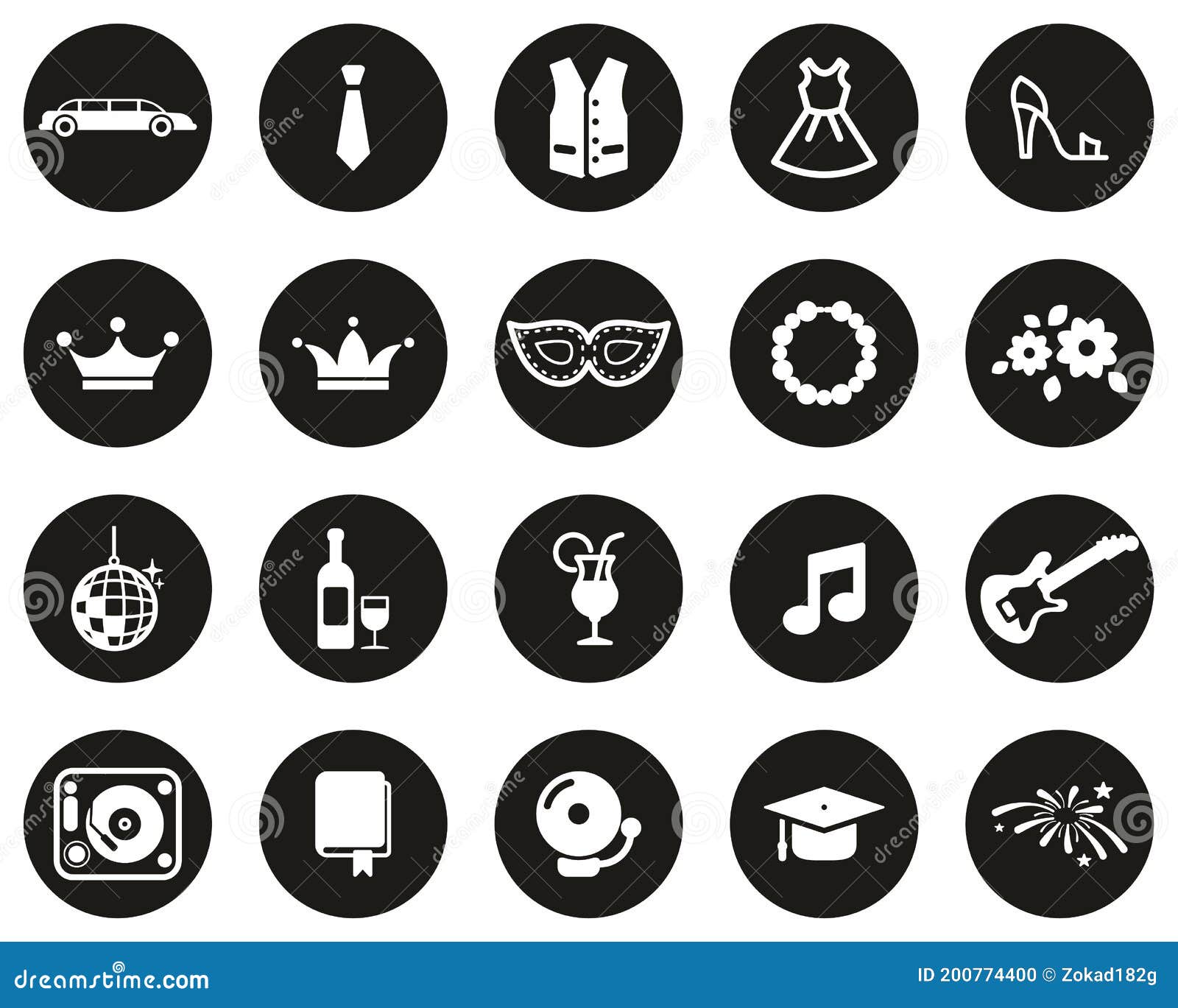 Prom Night Icons White on Black Flat Design Circle Set Big Stock Vector ...