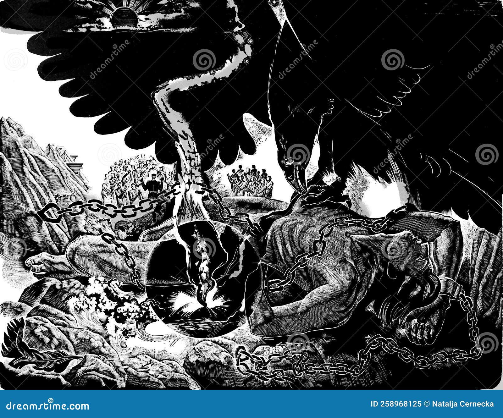 Prometheus and Evolution. Etching Drawing. Hand Drawn Artwork. Graphics ...