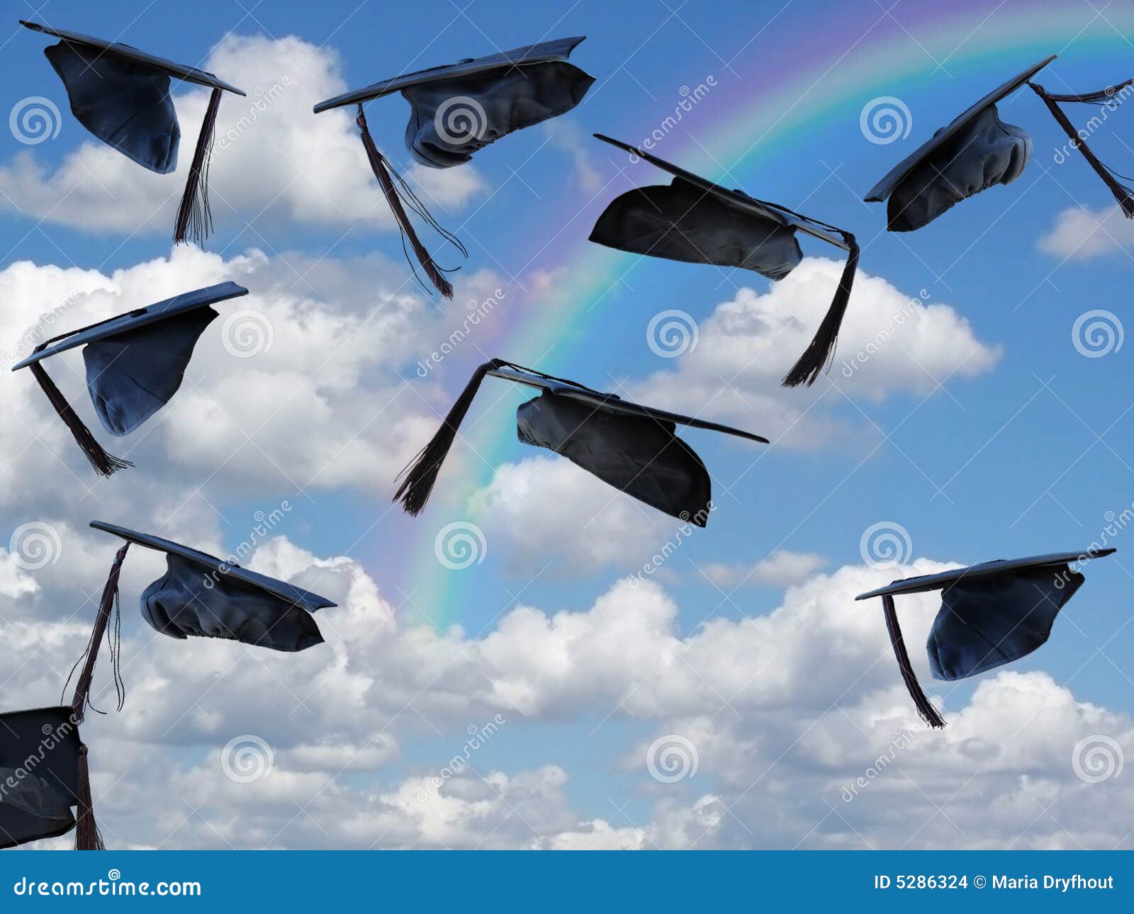 Airborne Graduation Caps with Rainbow Stock Photo - Image of finale ...