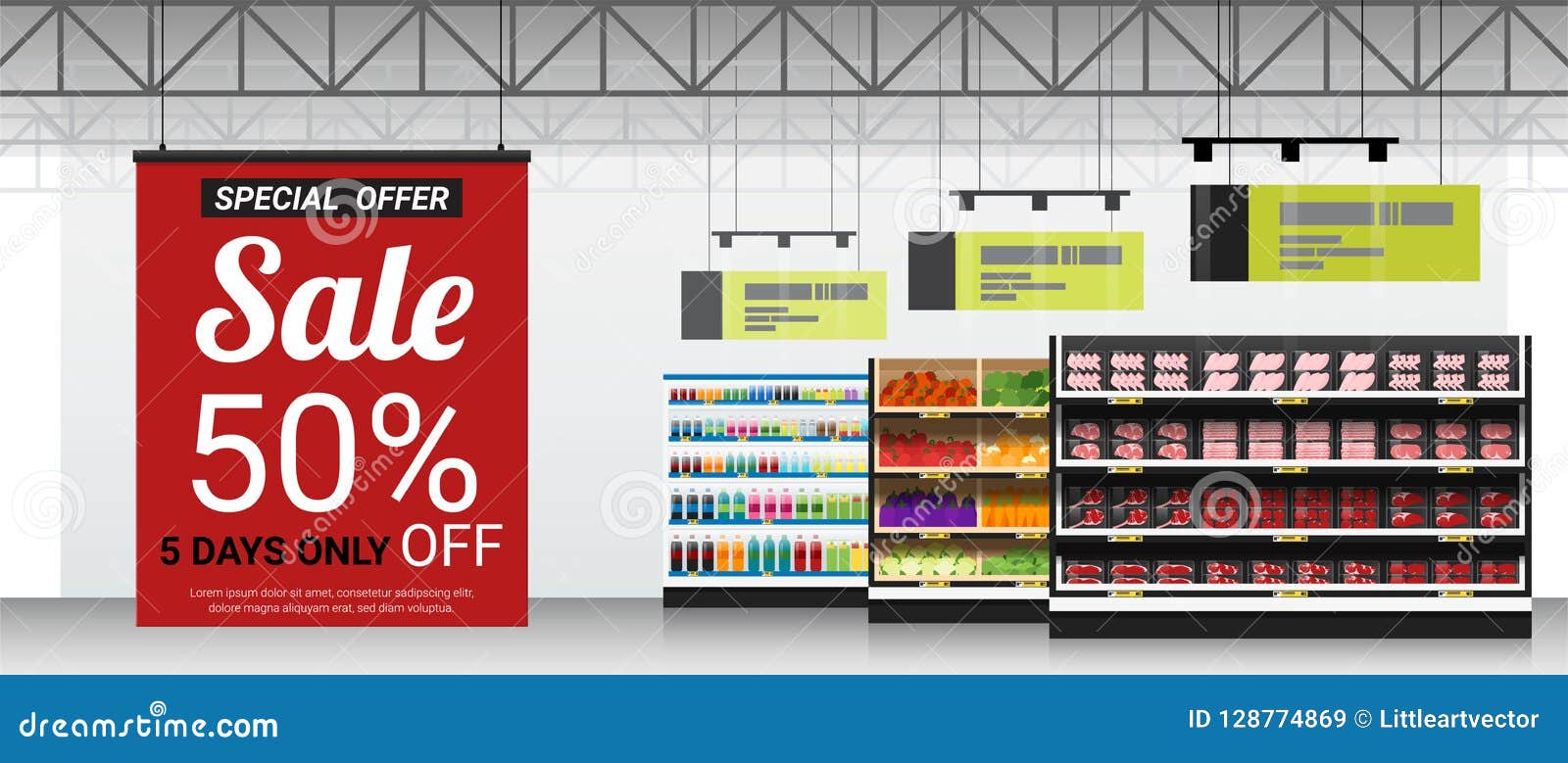 Promotion Sign in Modern Supermarket Background Stock Vector ...