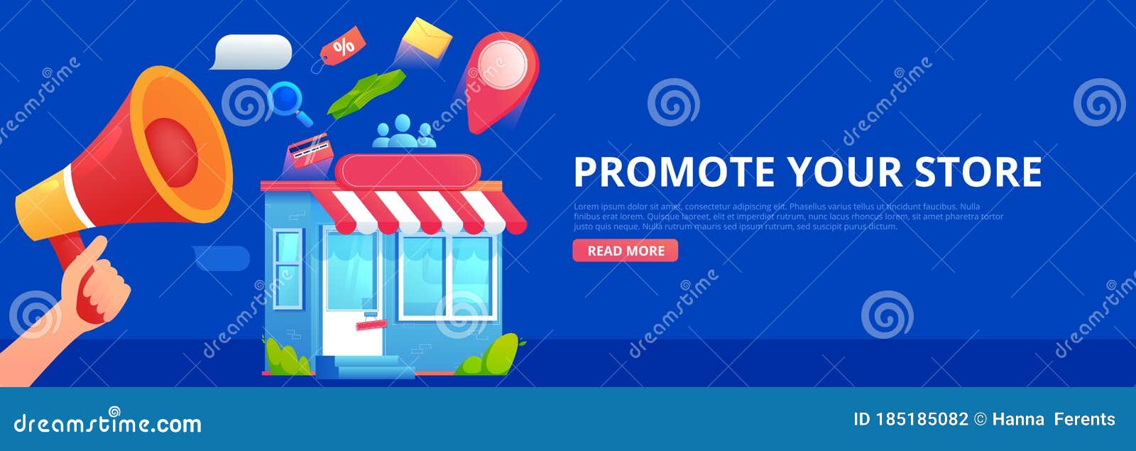 Promotion Store. Hand with Megaphone and Seo Icons. Vector Flat Banner ...
