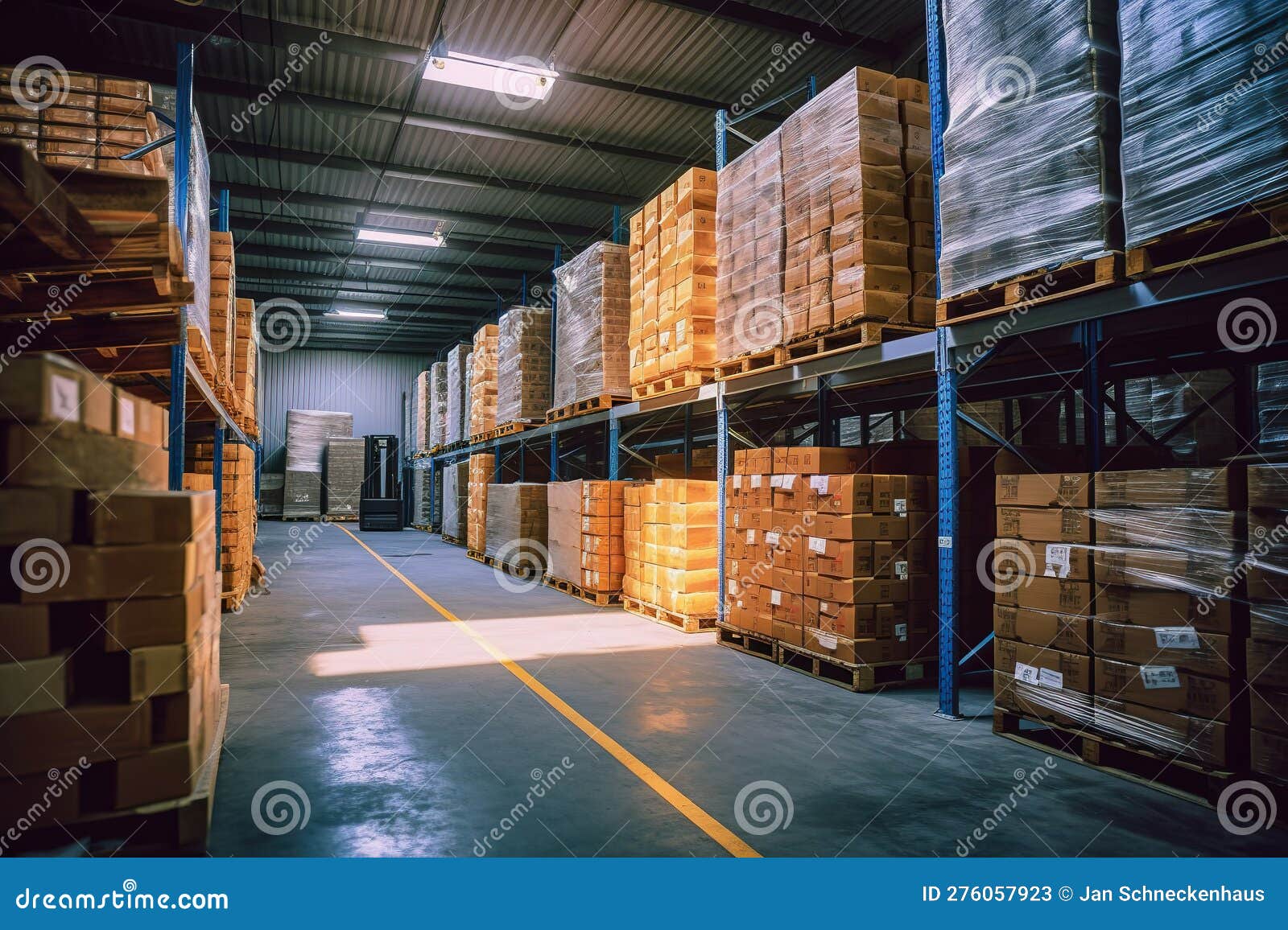 Prompt Warehouse With Lots Of Pallets, Boxes, Racking And Forklift ...