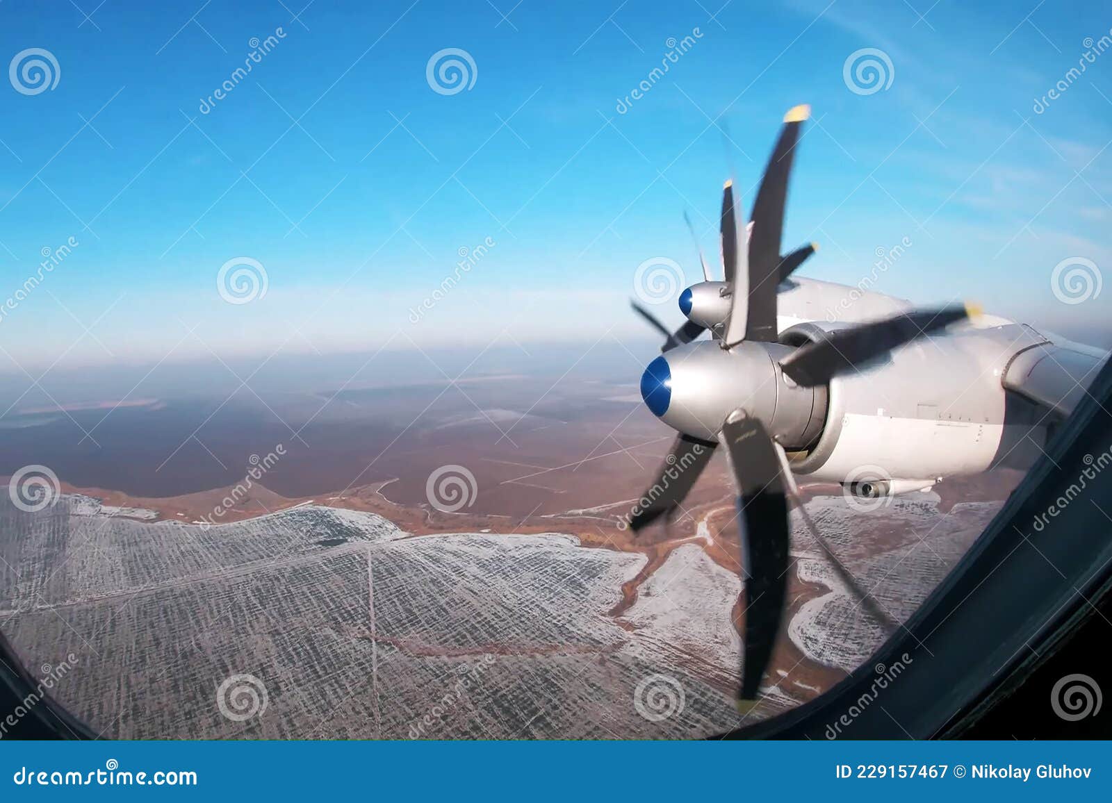 Propeller Turbo Propeller Aircraft. View through Porthole Stock Image ...