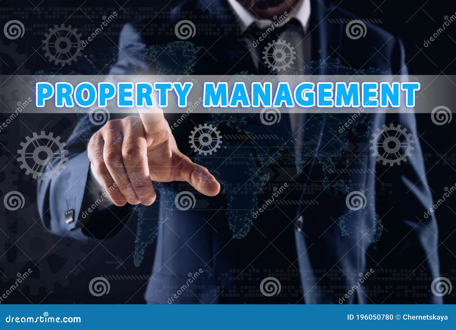Property Management Concept. Man Using Virtual Screen with Gear Images ...