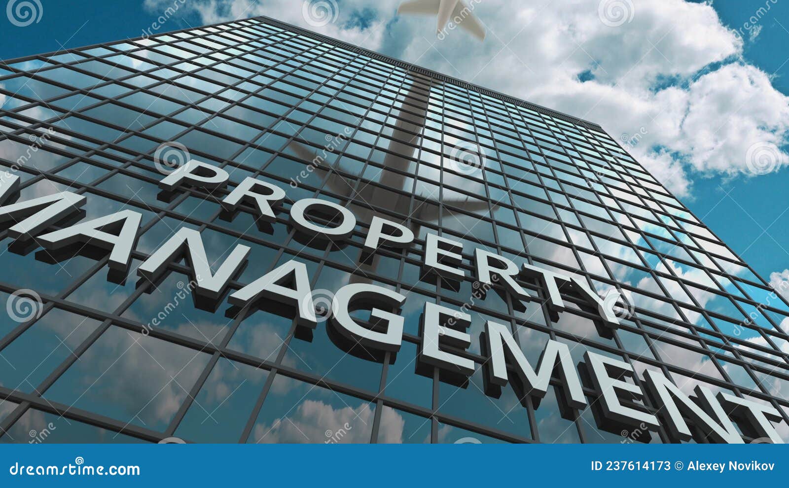 PROPERTY MANAGEMENT Signboard on a Modern Skyscraper Reflecting Flying ...