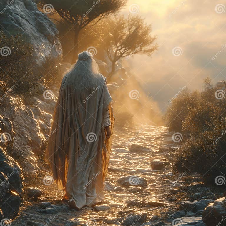 Prophet Moses Walking Down a Path in a White Robe. Generative AI. Stock ...