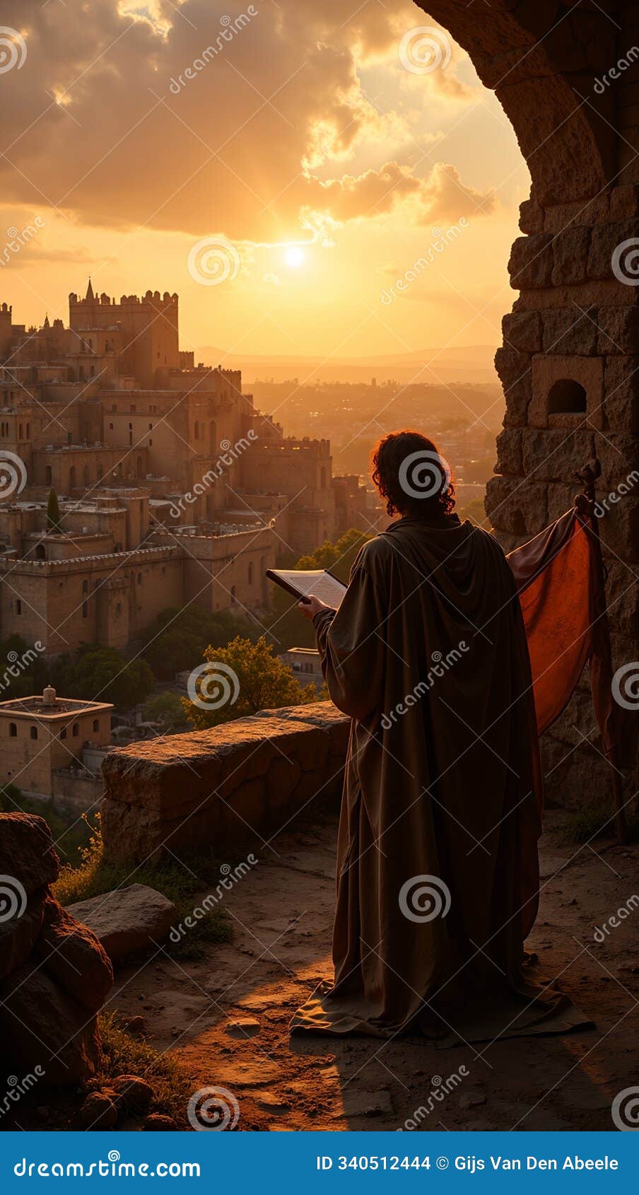 Prophet Writing on Scroll at City Wall Dramatic Sunset Shadows Stock ...