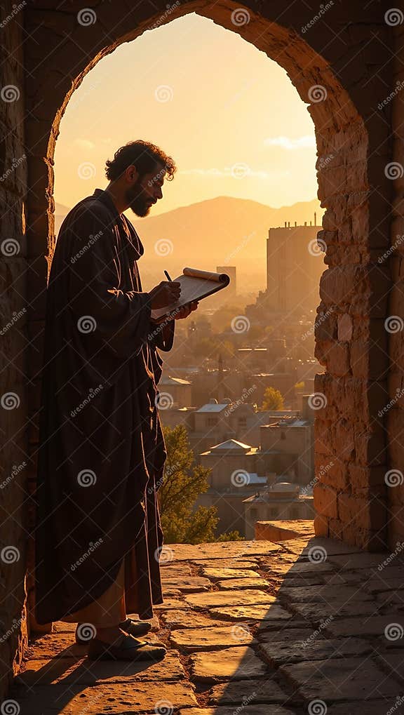 Prophet Writing on Scroll at City Wall Dramatic Sunset Shadows Stock ...