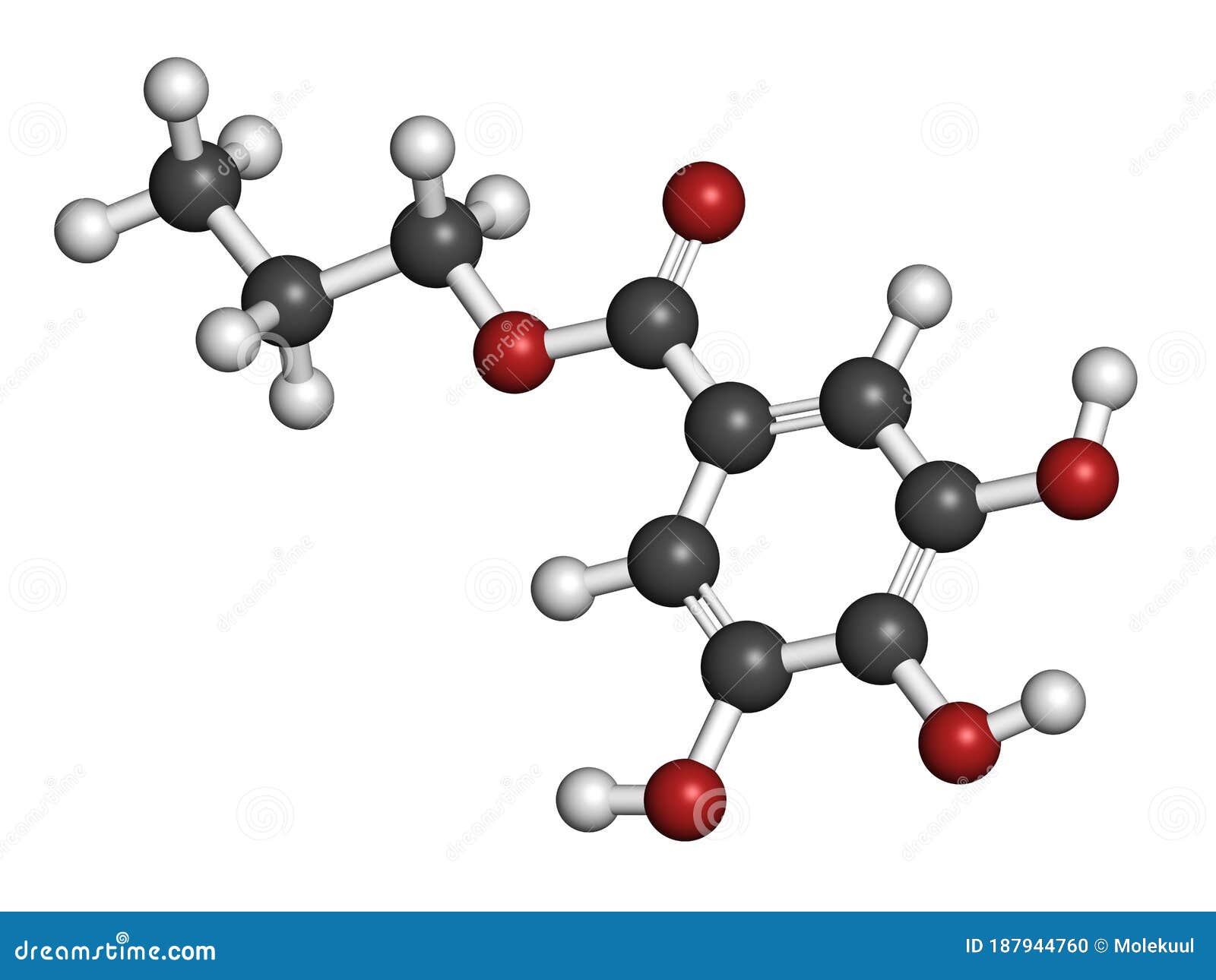 Propyl Gallate Antioxidant Food Additive Molecule. 3D Rendering. Atoms ...