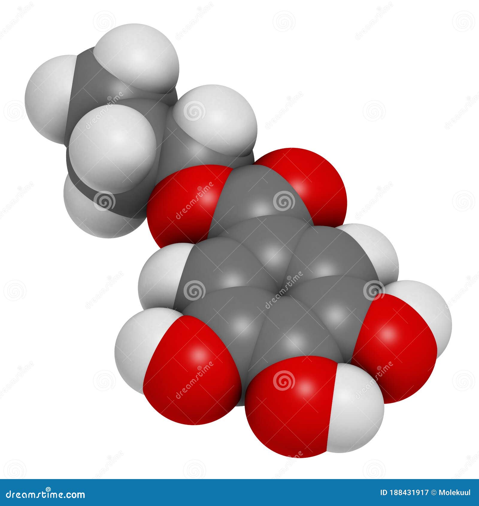 Propyl Gallate Antioxidant Food Additive Molecule. 3D Rendering. Atoms ...
