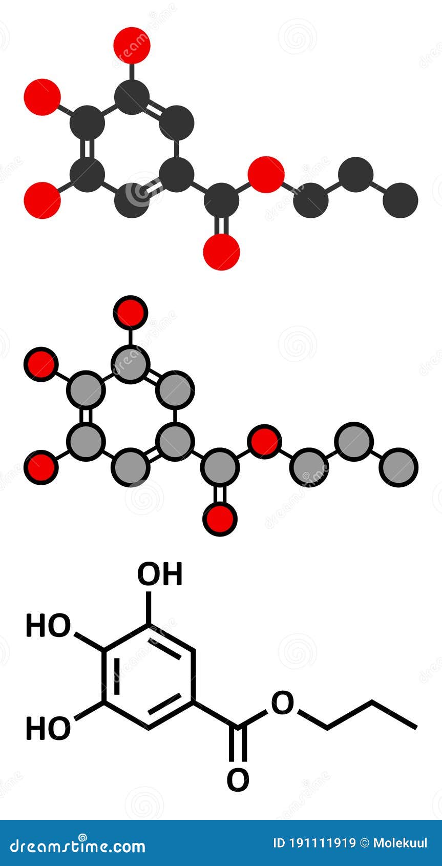 Propyl Gallate Antioxidant Food Additive Molecule. 3D Rendering. Atoms ...