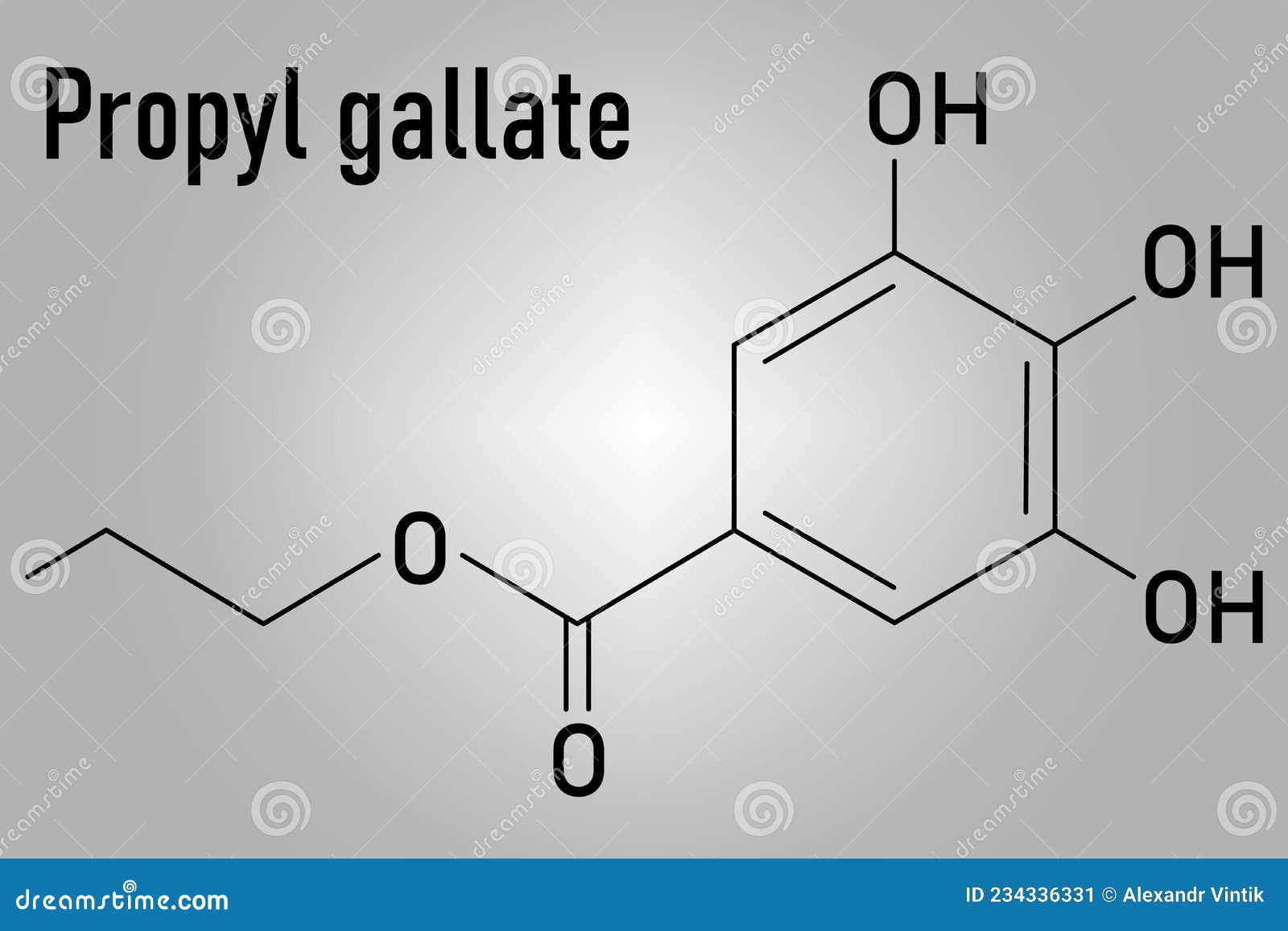Propyl Gallate Antioxidant Food Additive Molecule. 3D Rendering. Atoms ...