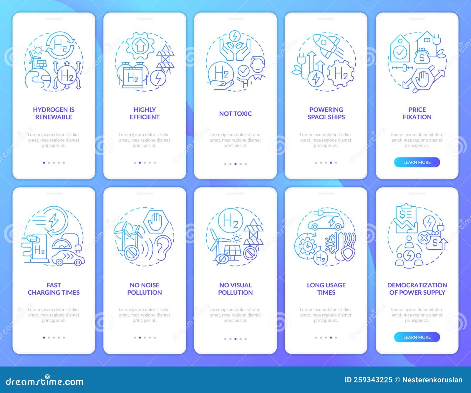 Pros Of Hydrogen Blue Gradient Onboarding Mobile App Screen Set Stock