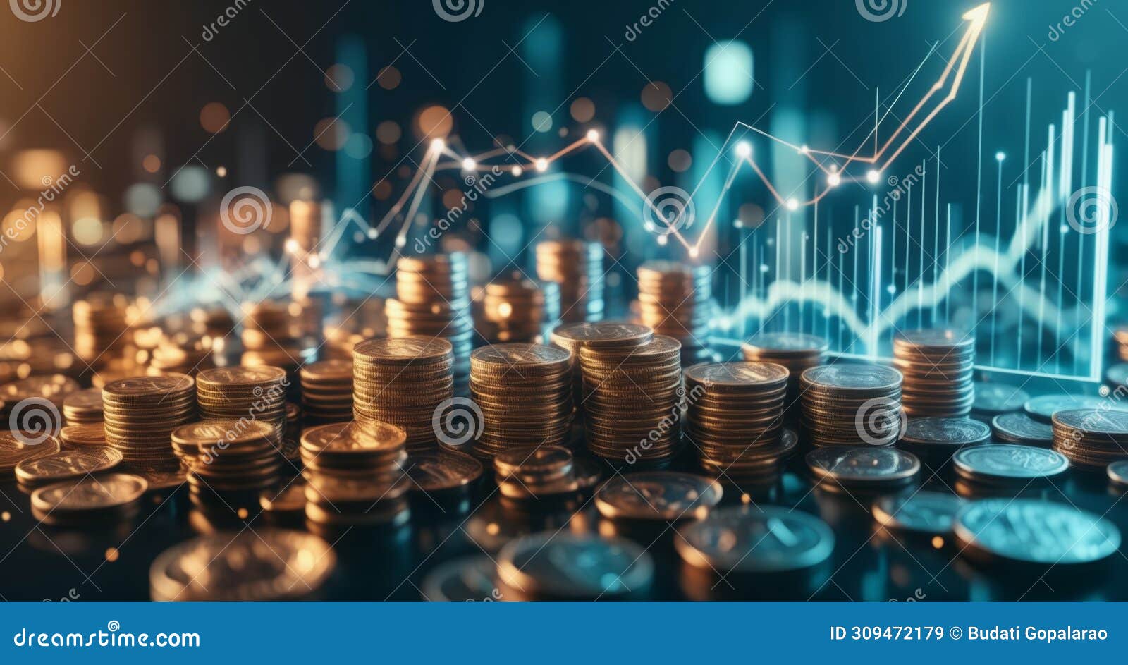 Prosperity and Growth, Symbolized by a Stack of Coins and Rising Charts ...