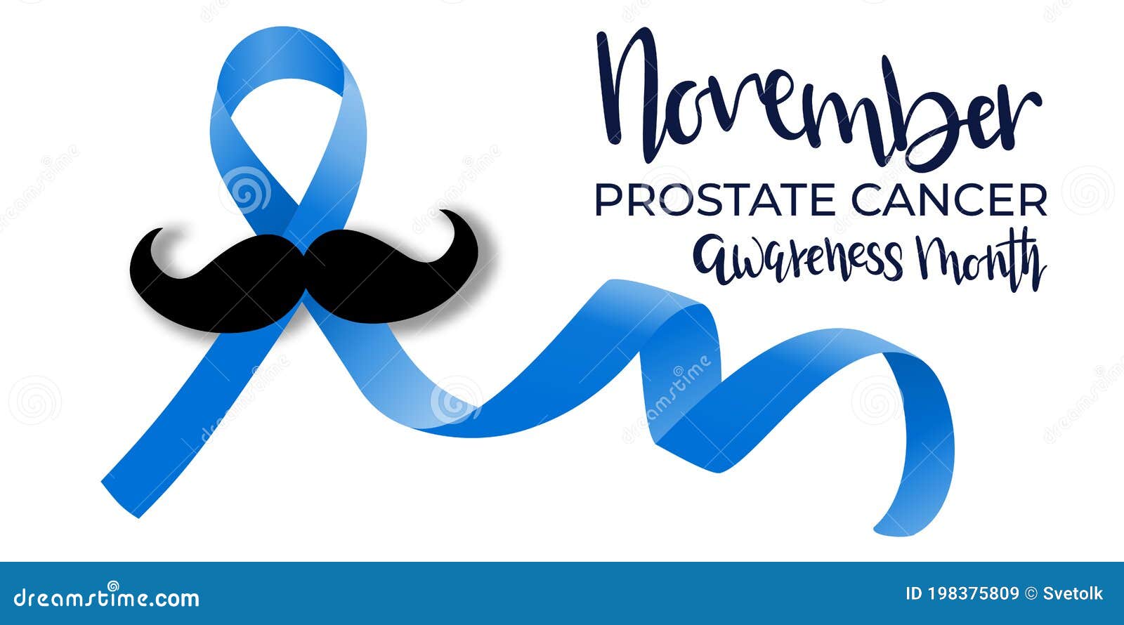 Prostate Cancer Blue Ribbon With Mustache Vector Realistic Illustration