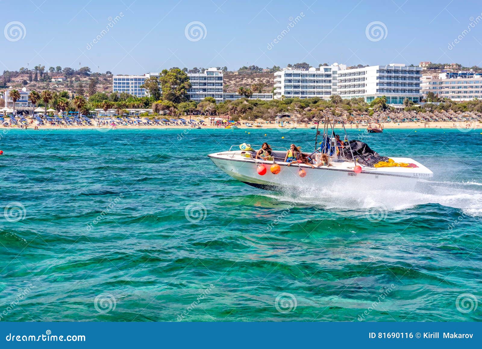 PROTARAS, CYPRUS - JULY 16, 2016: Tourists Riding a Jetski at Fig Tree ...