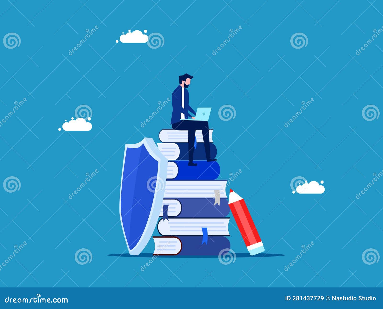 Protect Business Knowledge. Businessman Working on Shield with Stack of ...