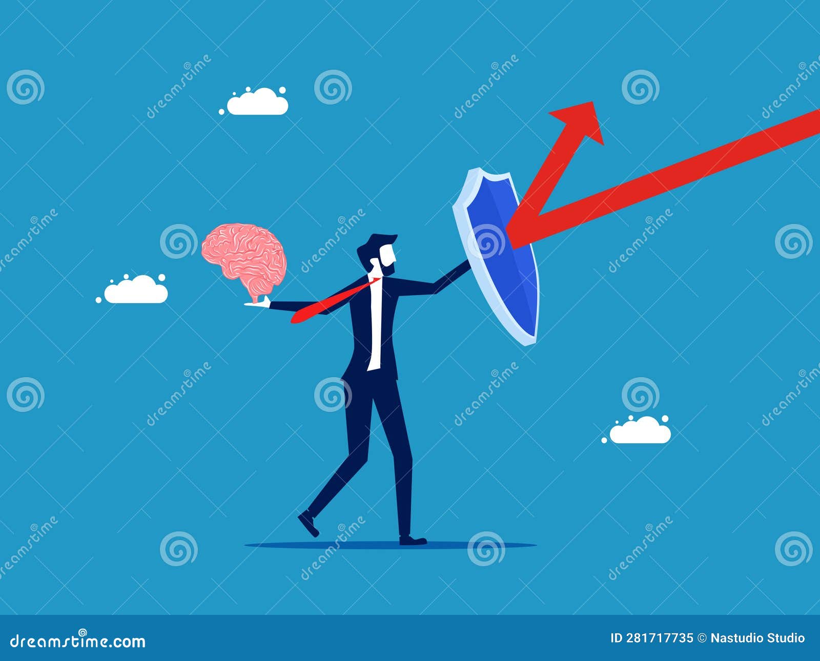 Protect Mind or Brain. Businessman with Shield Protects Brain from ...