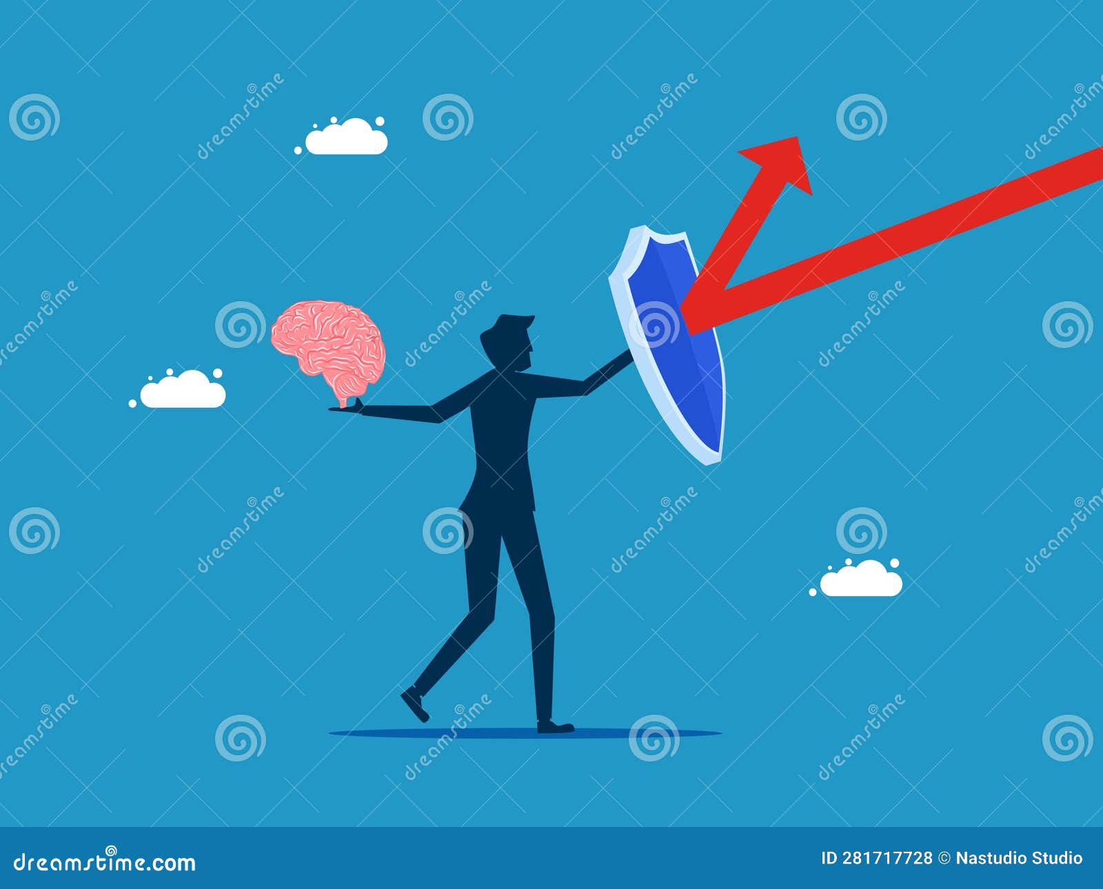 Protect Mind or Brain. Man with Shield Protects Brain from Arrow Attack ...