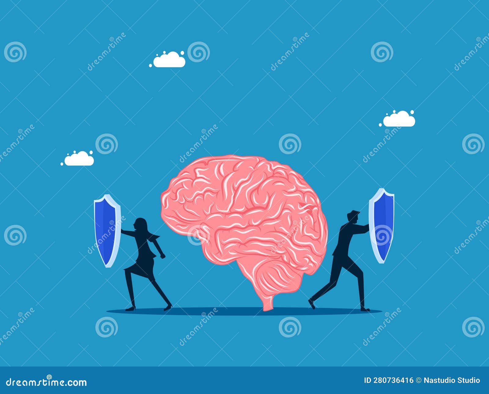 Protect Mind. Business Team Holding a Shield To Protect the Brain Stock ...