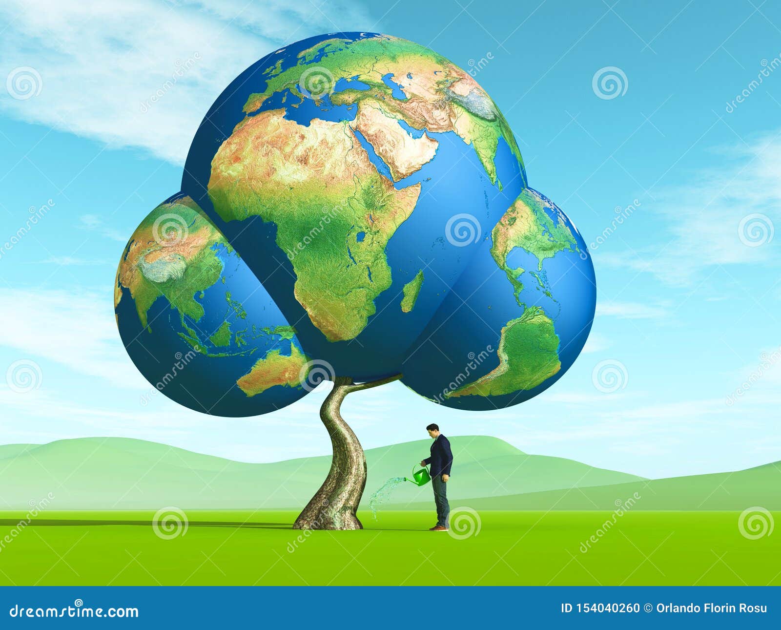 Man Watering a Tree with the Planet Earth instead of Crown Stock ...
