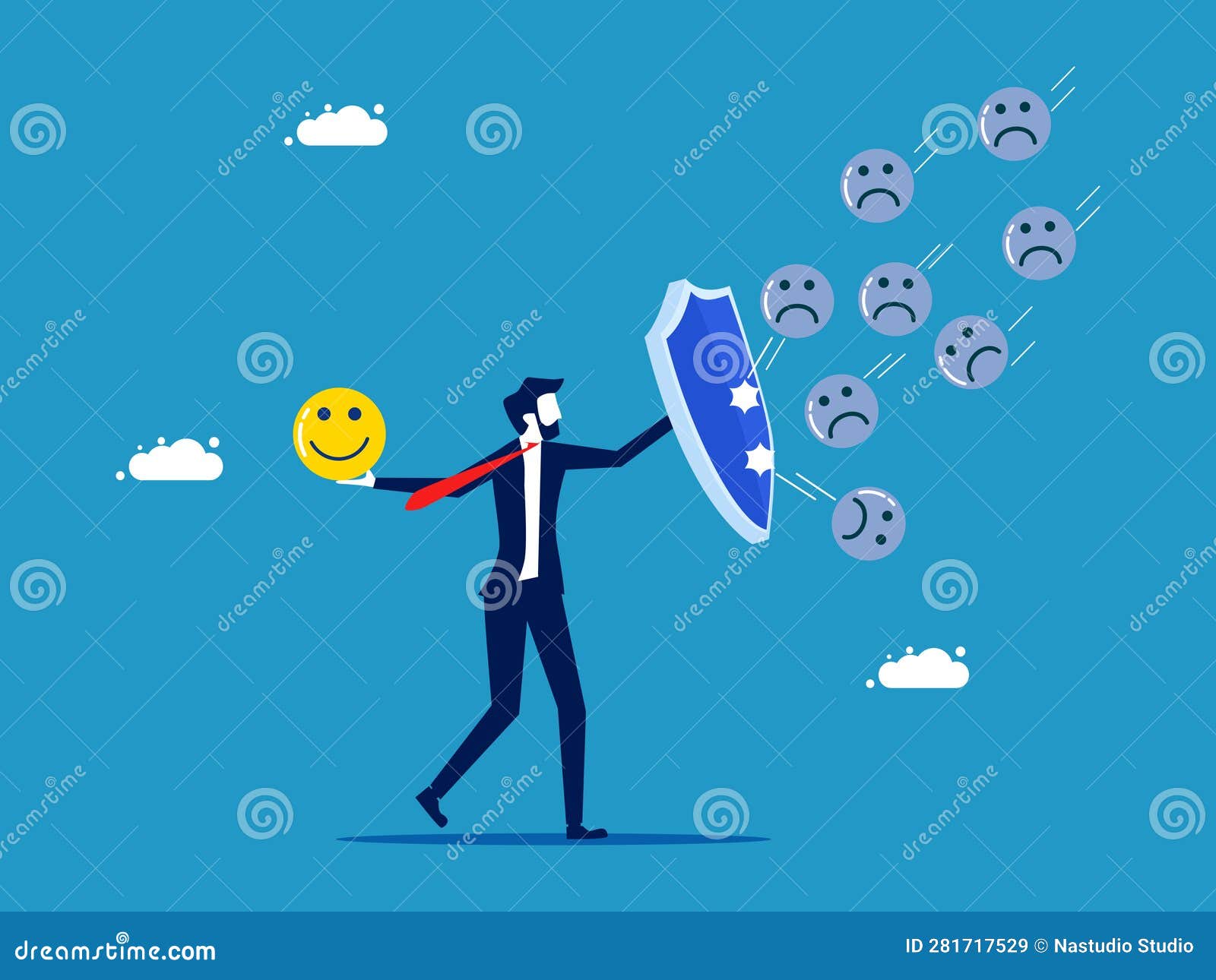 Protect Positive Thoughts. Businessman Holding a Shield Against the ...