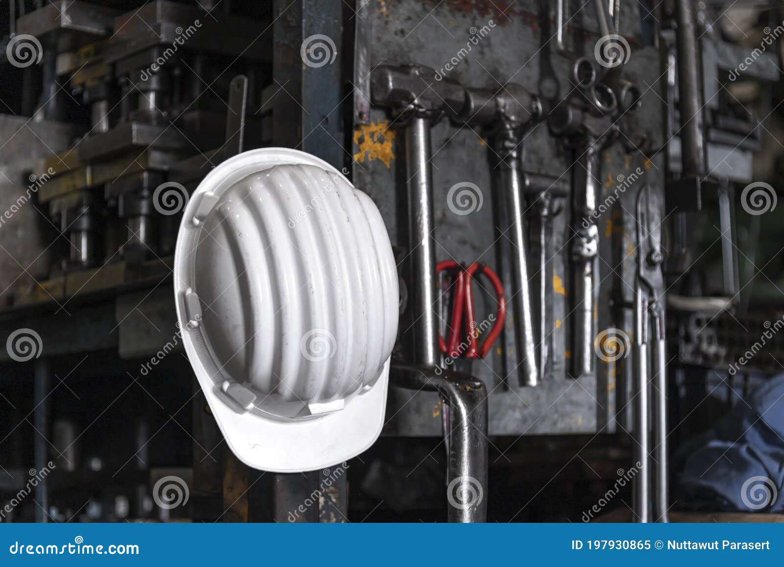 Safety Helmet Hang on Engineering Tools Storage in Industrial Factory ...