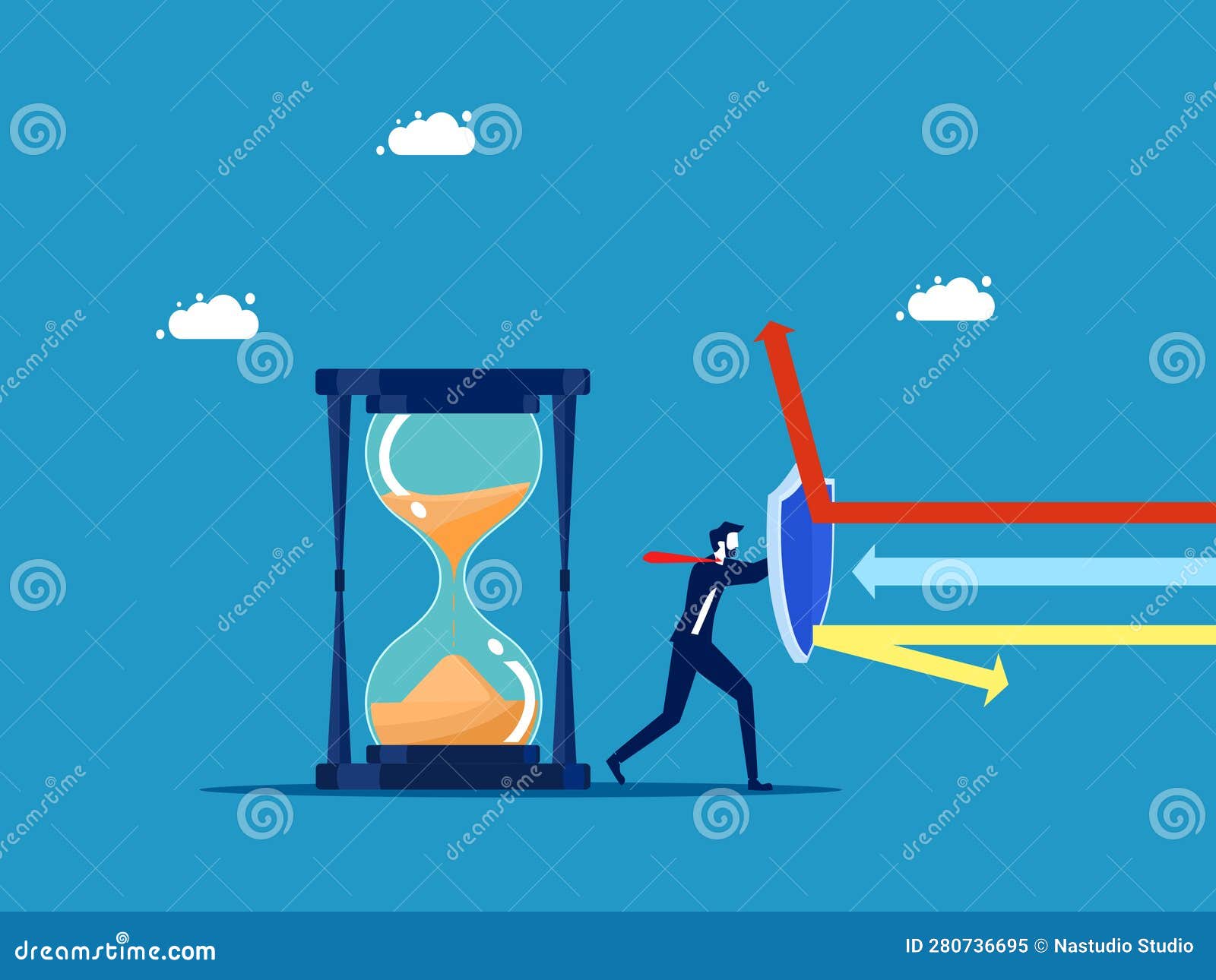 Protect Time. Businessman Holding Shield To Protect Hourglass Stock ...