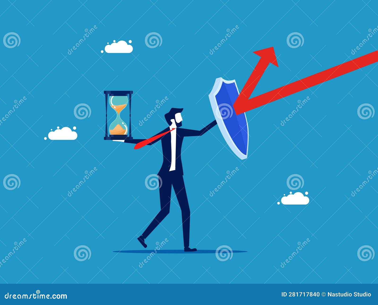 Protect Time. Businessman with Shield Protect Hourglass from Arrow ...