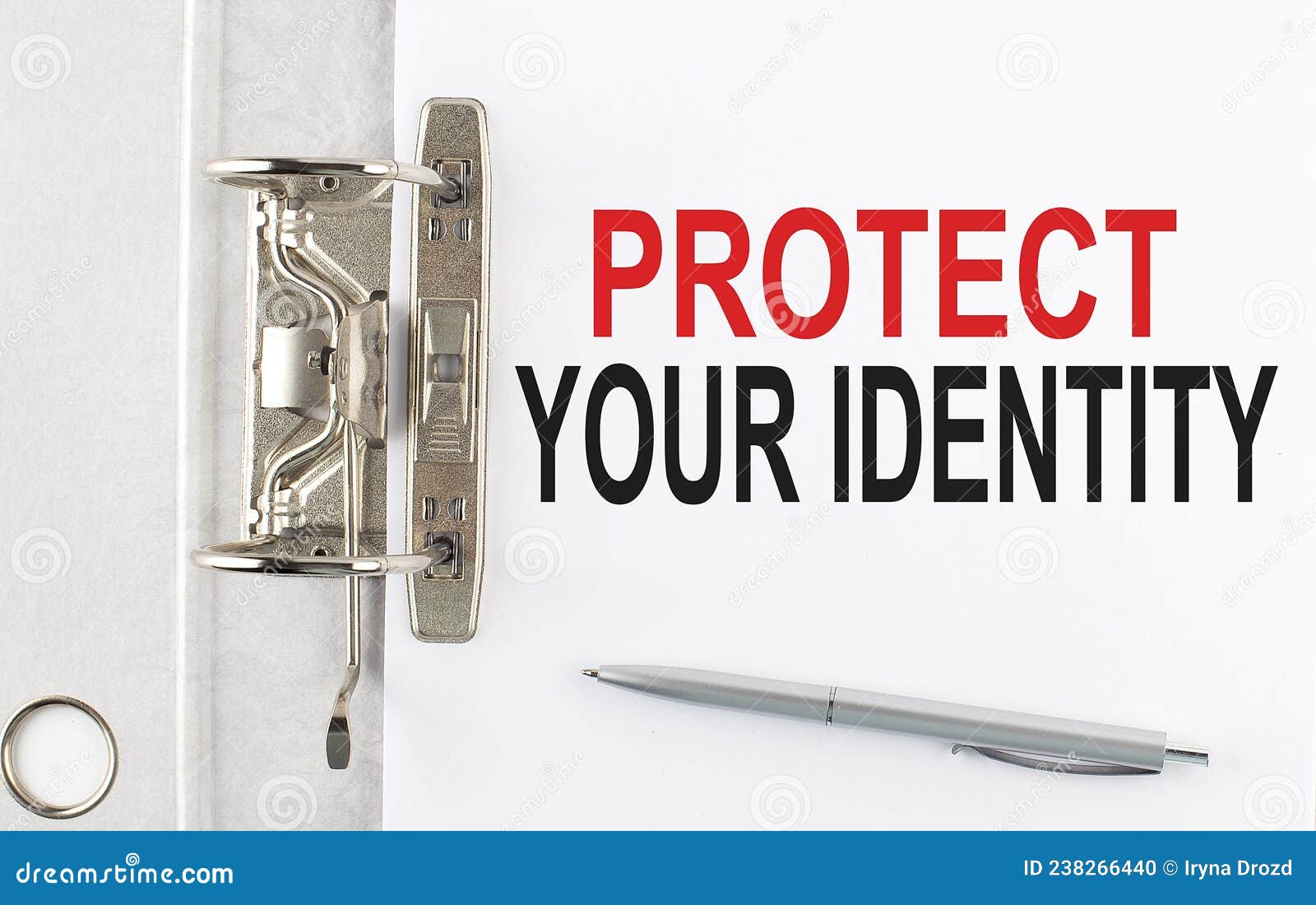 PROTECT YOUR IDENTITY Text on the Paper Folder with Pen. Business ...